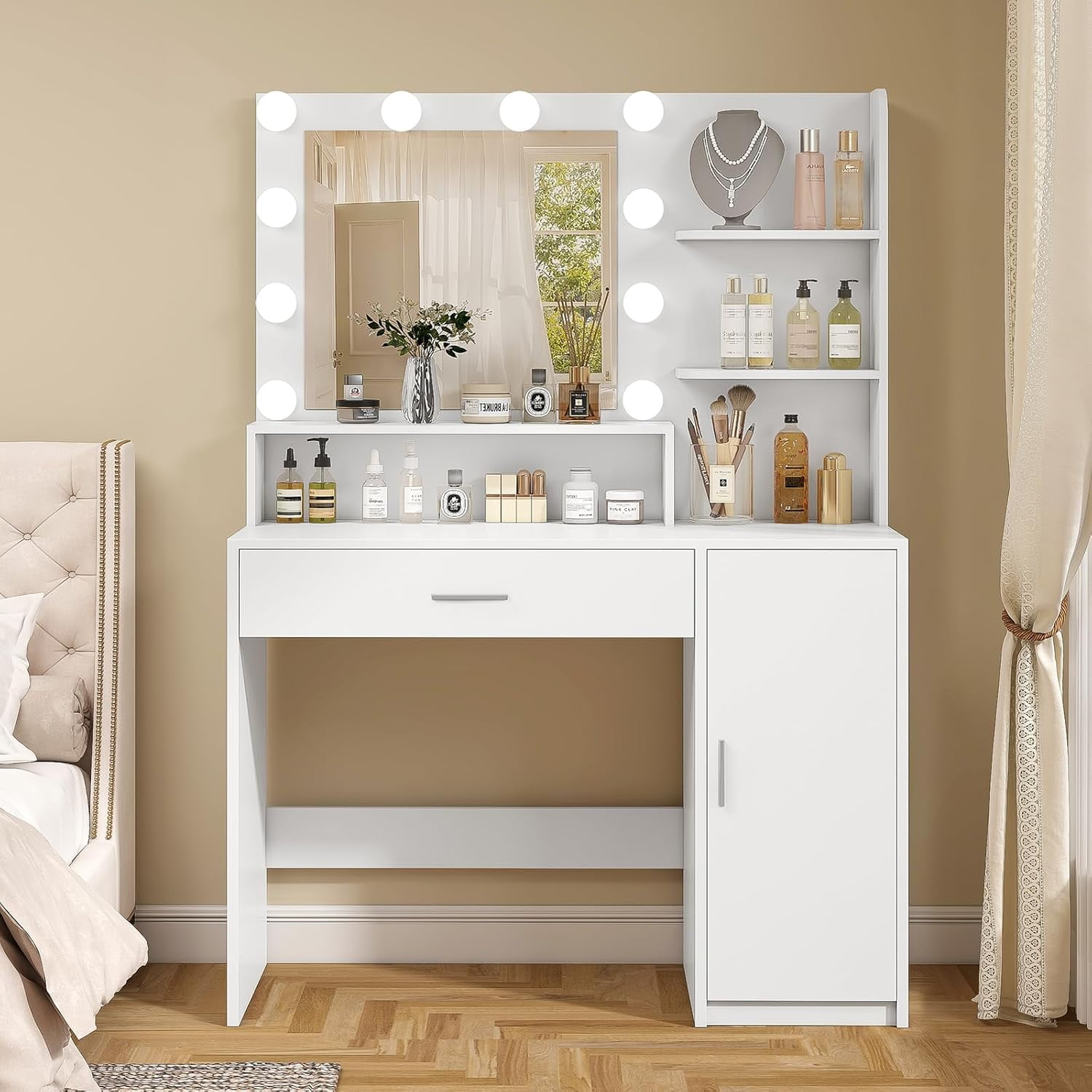 Quimoo Makeup Vanity Desk with Mirror & Lights, Vanity Desk with 5 ...