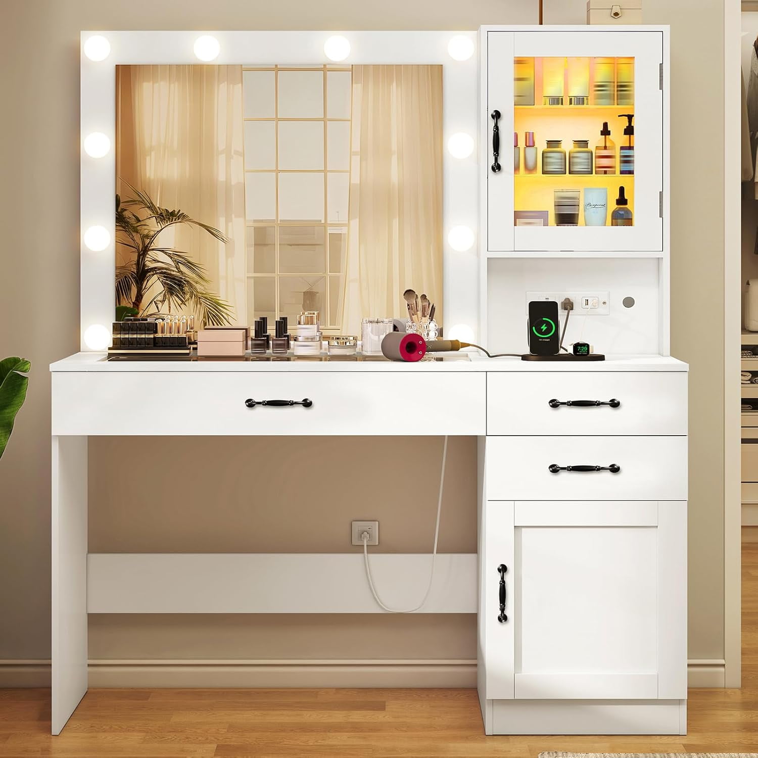 Quimoo Vanity Desk, Makeup Vanity with Lights, Large Mirror Vanity with ...