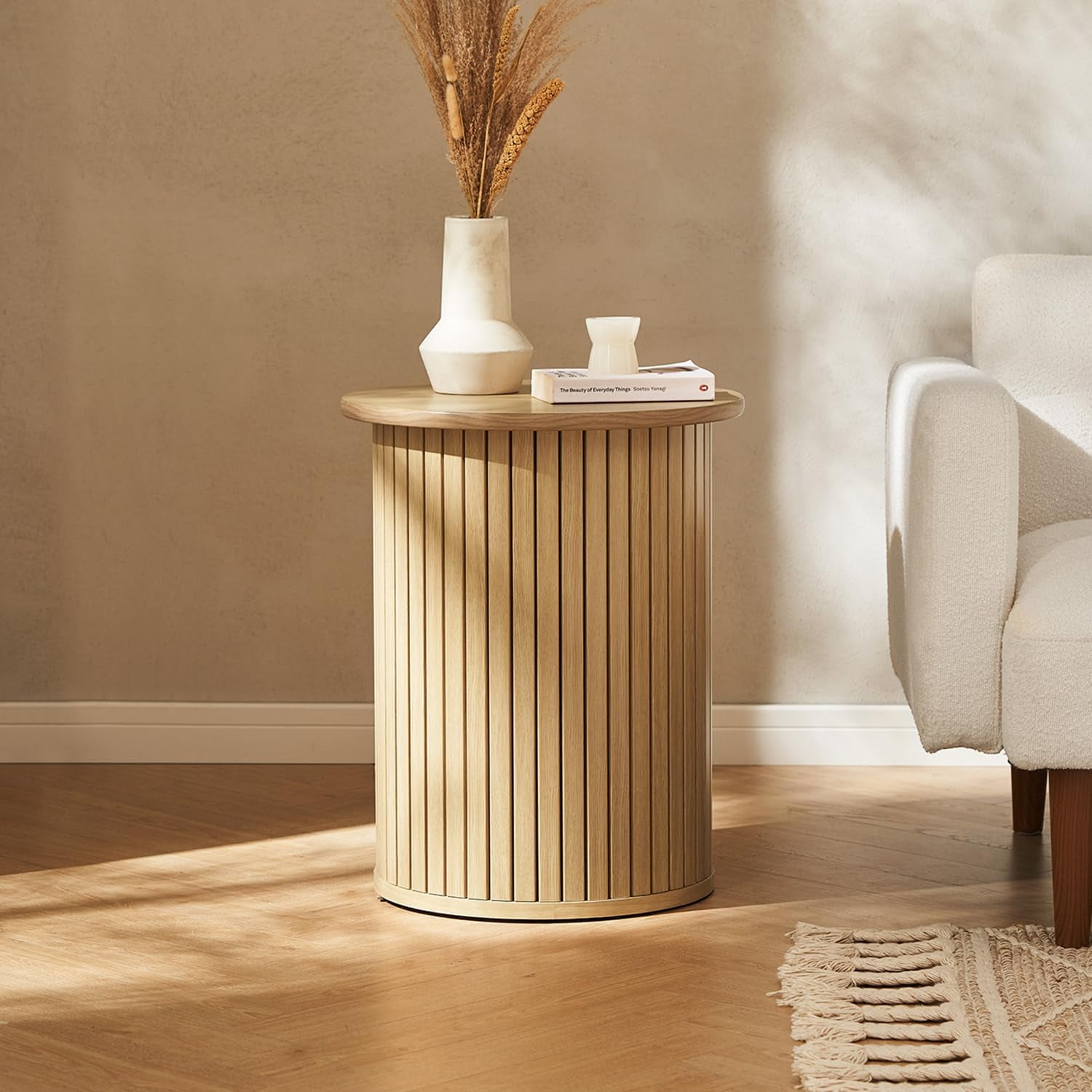 Quin Pedestal Side Table, Tambour Round Fluted End Table, Small Accent ...