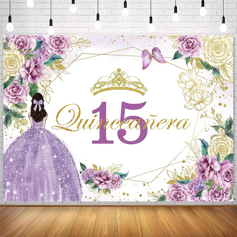 Quinceañera 15 Birthday Backdrop Shiny Gold Floral Butterfly Princess ...
