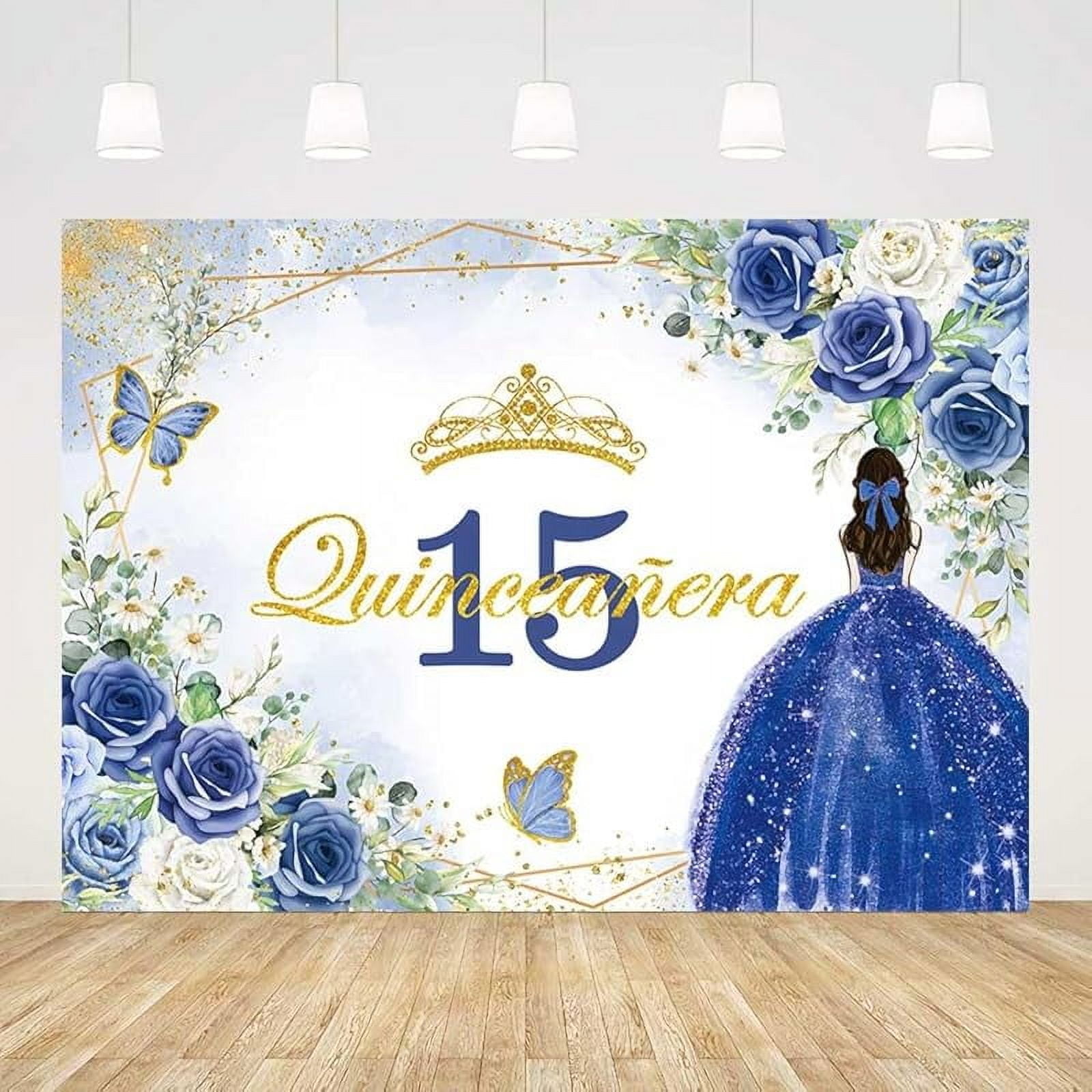 Quinceañera 15th Birthday Backdrop Blue Floral Butterfly Birthday ...