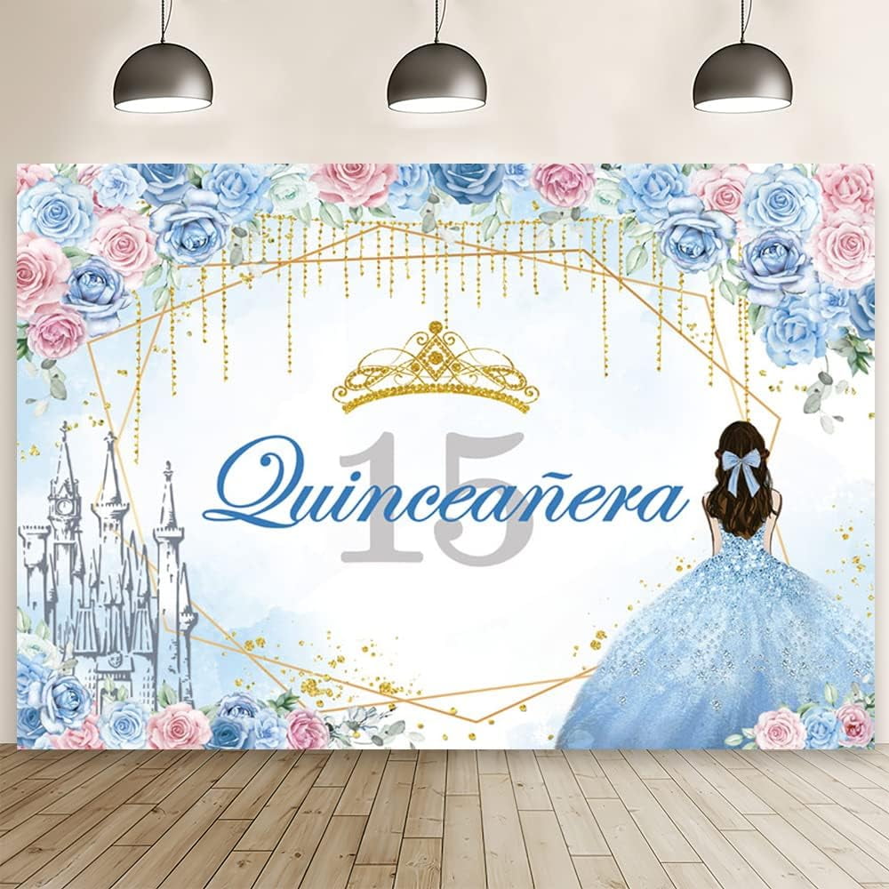 Quinceañera 15th Birthday Backdrop Mis Quince 15 Anos Blue Pink Floral ...