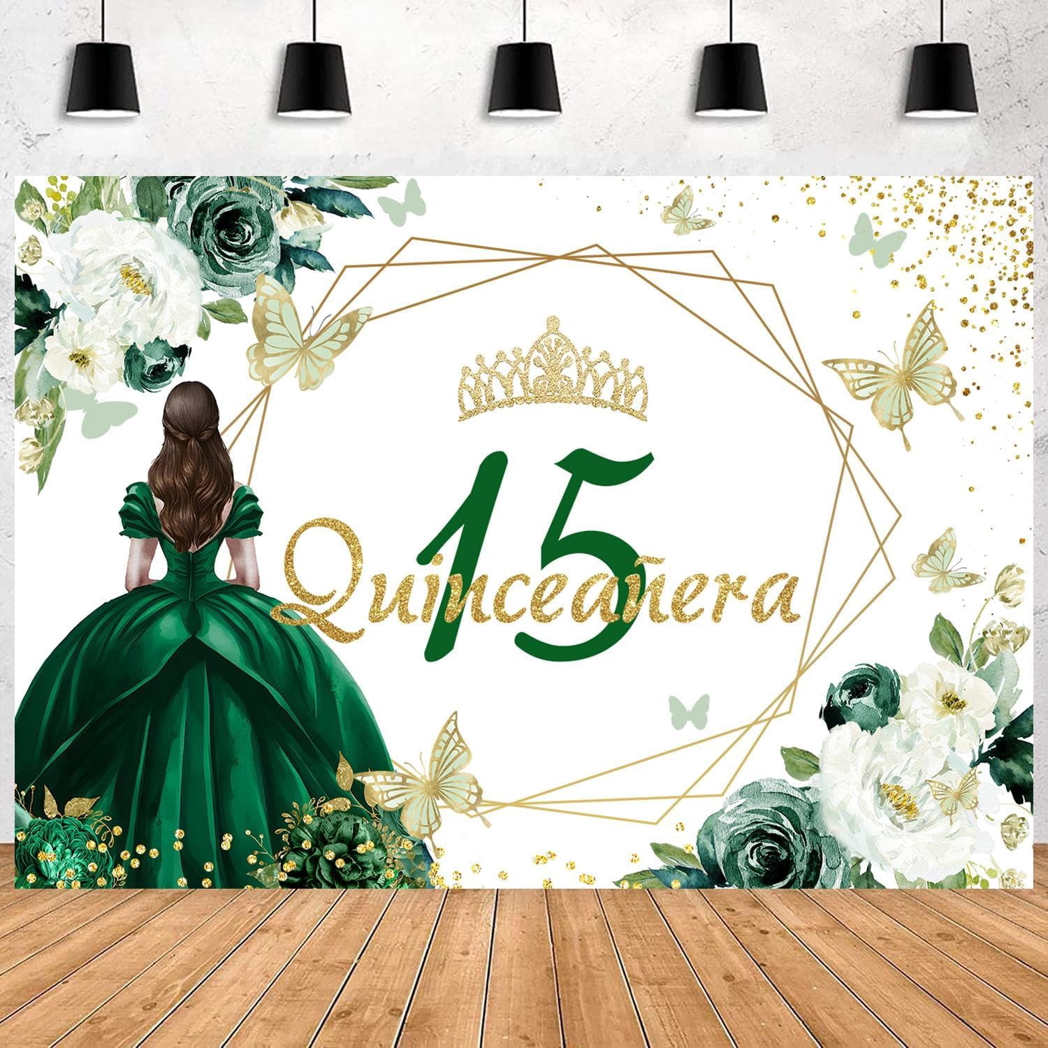 Quinceanera 15 Backdrop Mis Quince 15 Anos Green Gold Floral Flowers ...