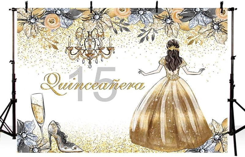 Quinceanera 15 Princess Birthday Photo Studio Booth Background Gold and ...