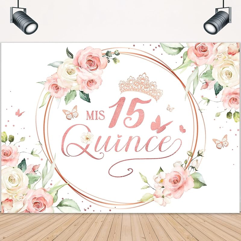 Quinceanera Backdrop Mis Quince 15 Anos Pink Floral Princess Crown ...
