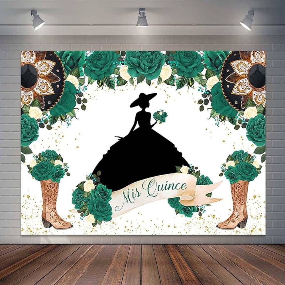 Quinceanera Backdrop Mis Quince Green Roses Birthday Background Western ...