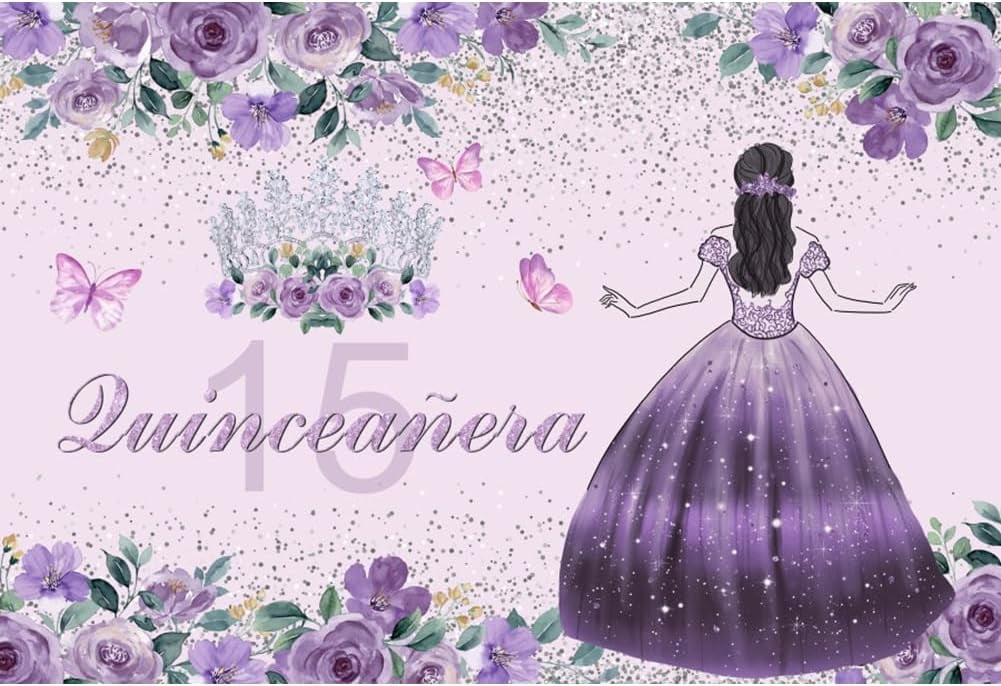 Quinceanera Backdrop Purple Gold Glitter Floral Crown Butterfly ...