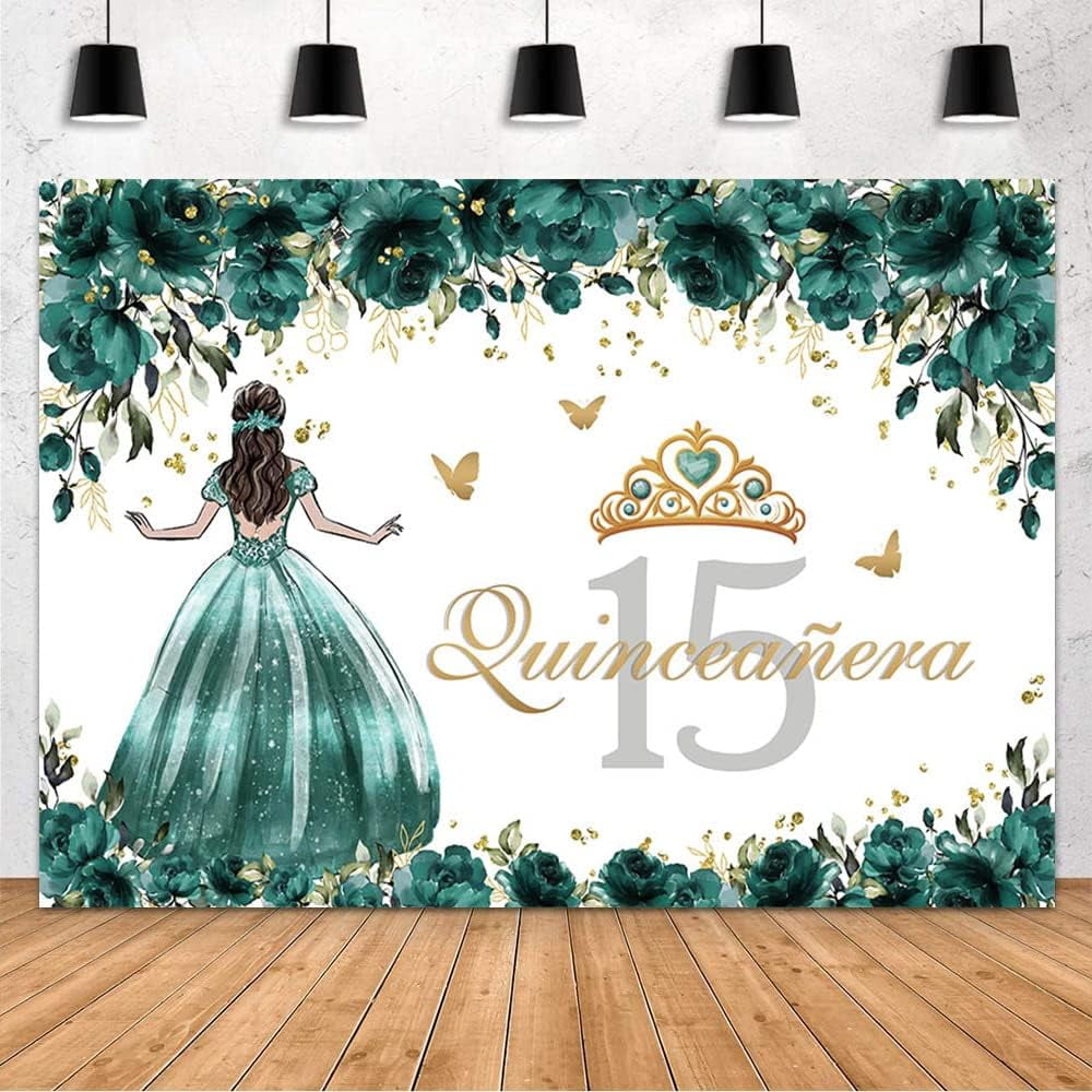 Quinceanera Backdrop Sweet 15 Girl Miss Quince Banner Green and Gold ...