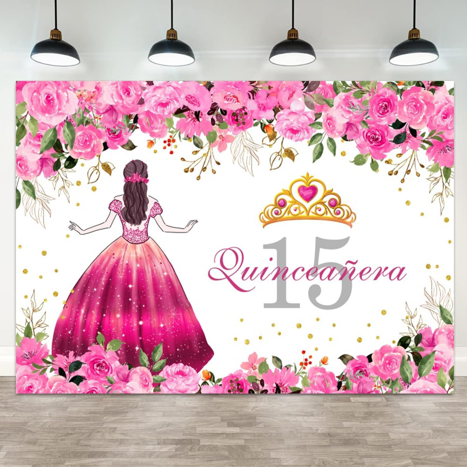 Quinceanera Birthday Backdrop Pink Floral Gold Crown Princess Sweet 15 ...
