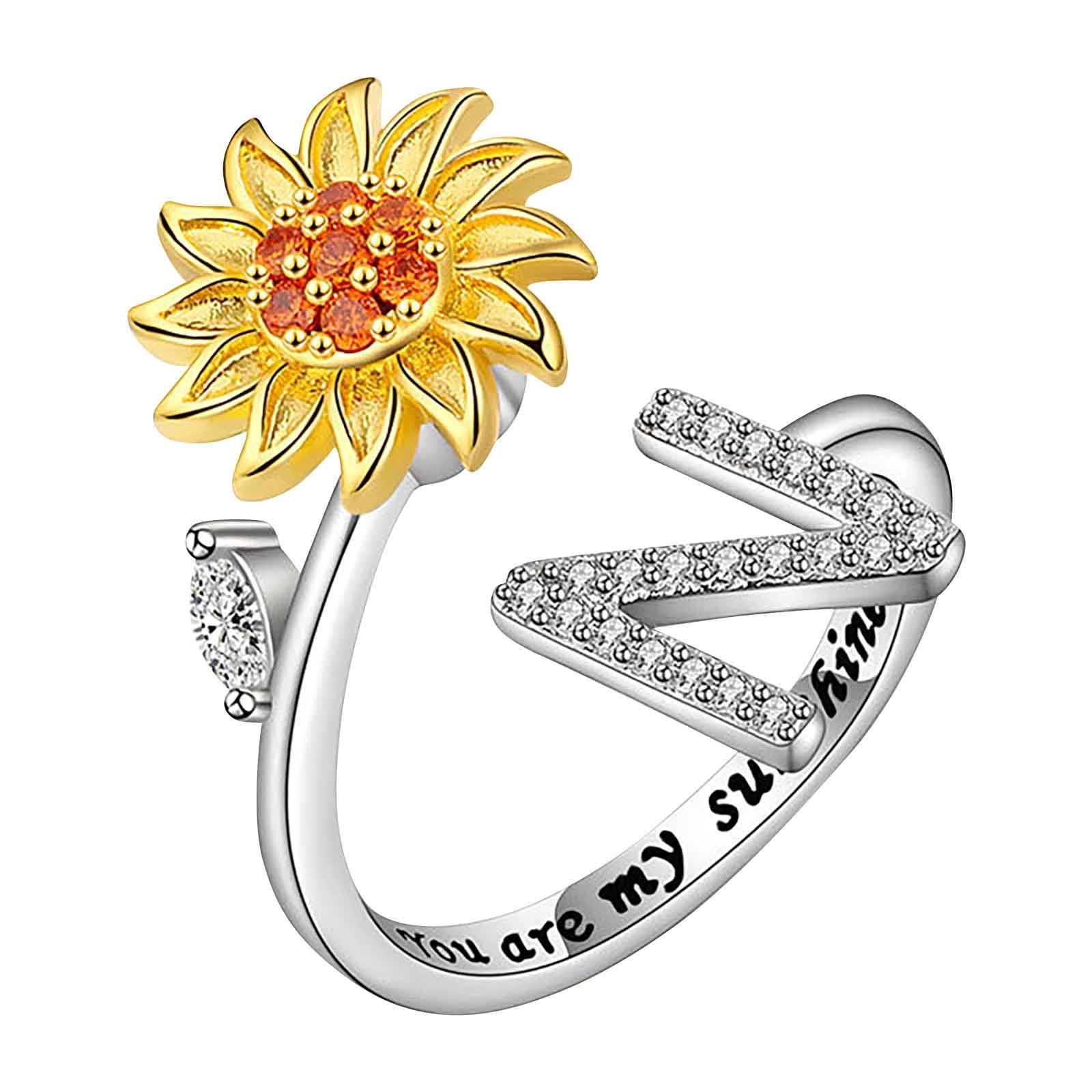 Easter Rings for Women Sunflower Rotating Ring 26 Letter Ring Sunflower ...
