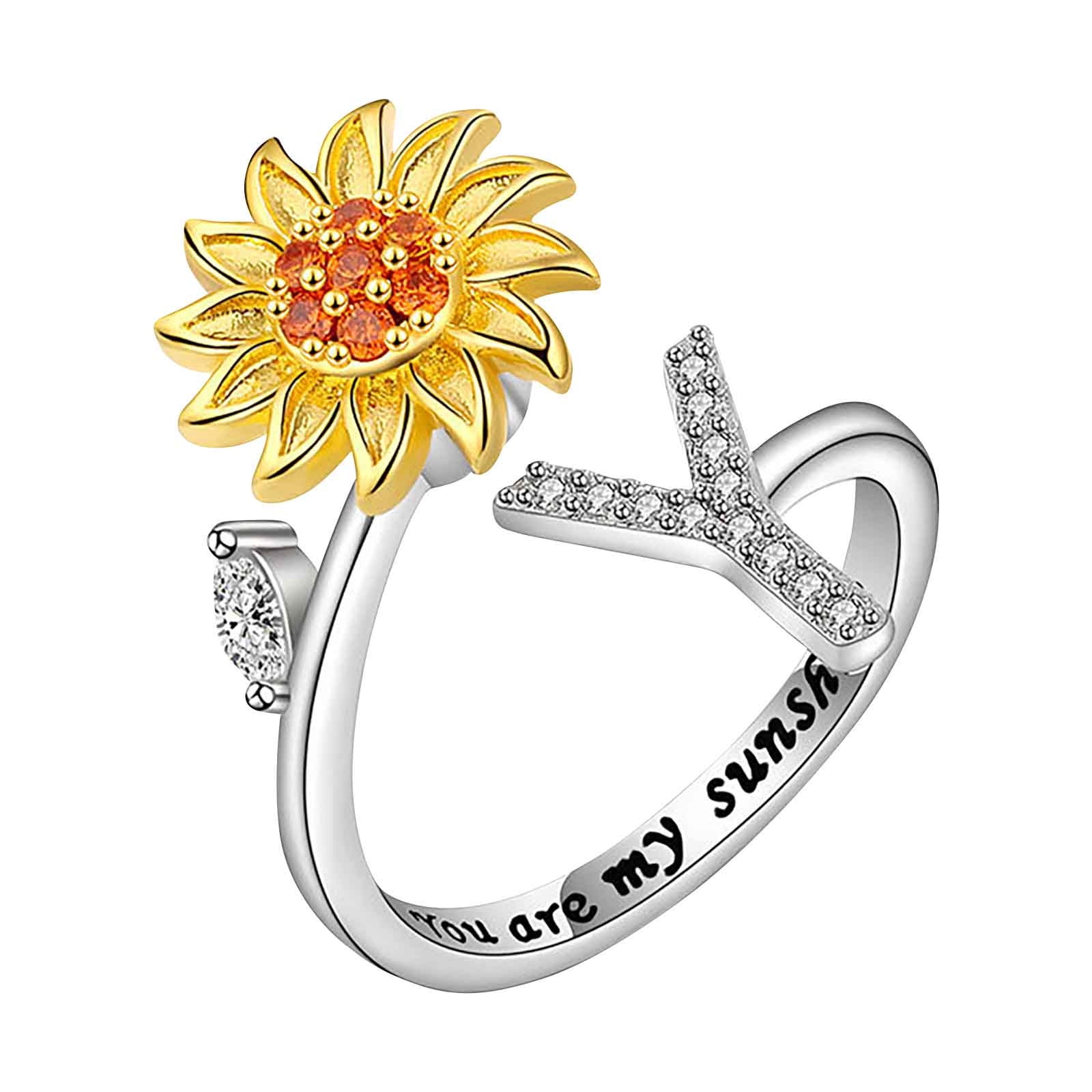 Easter Rings for Women Sunflower Rotating Ring 26 Letter Ring Sunflower ...