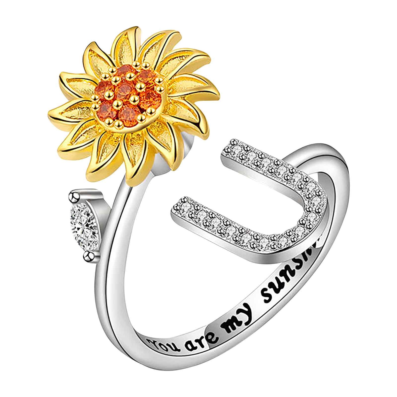 Easter Rings for Women Sunflower Rotating Ring 26 Letter Ring Sunflower ...