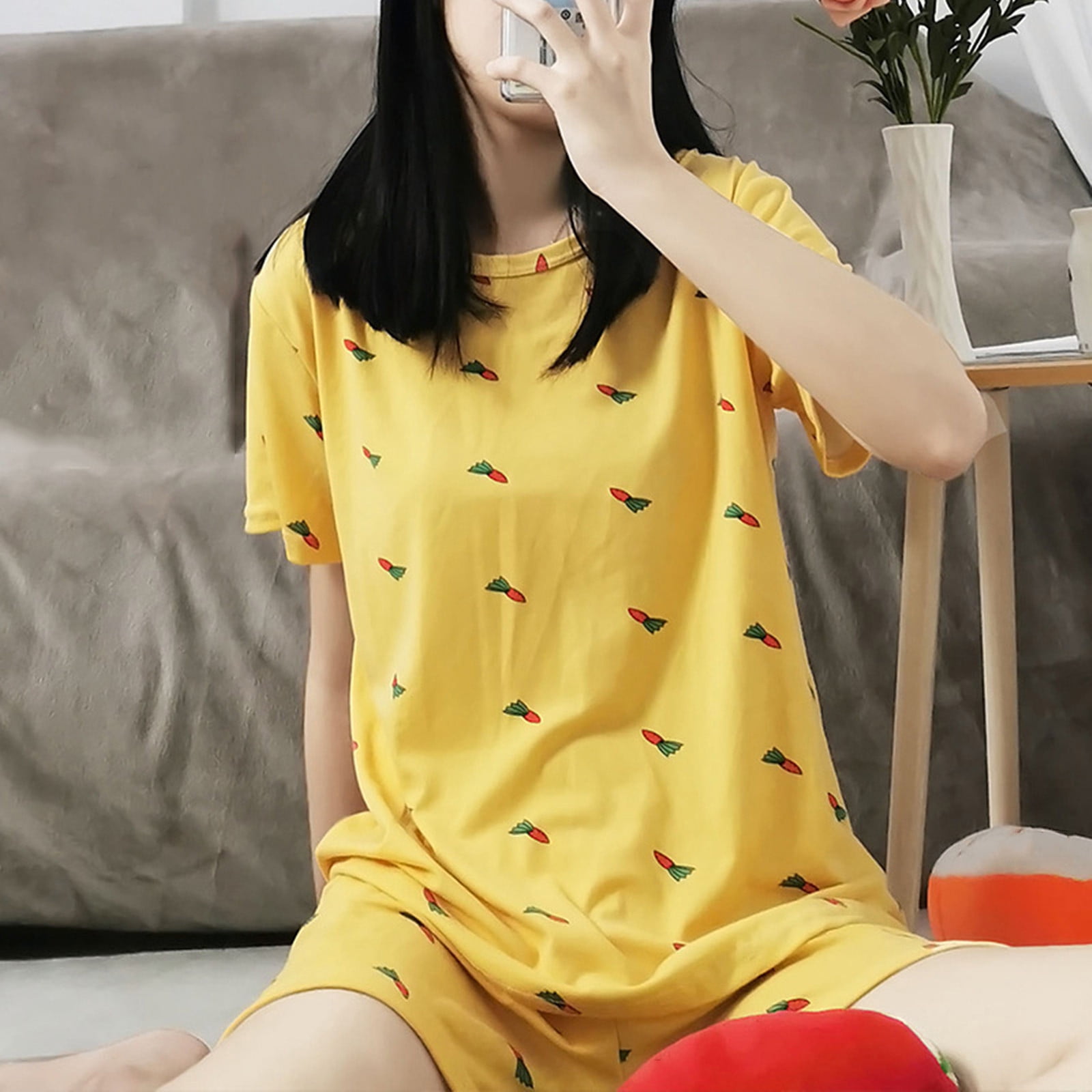 Quinlirra Pajamas Female Summer Thin Short-Sleeved Shorts Two-Piece ...