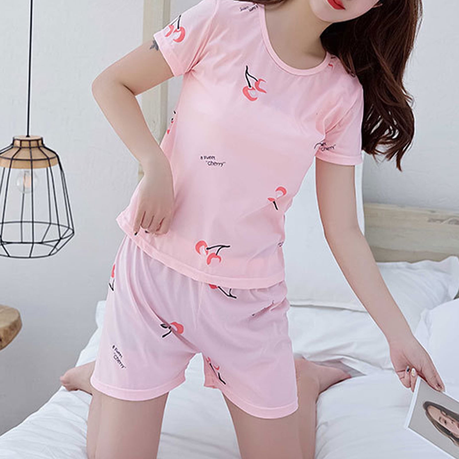 Pajamas Female Summer Thin Short-Sleeved Shorts Two-Piece Homewear Can ...