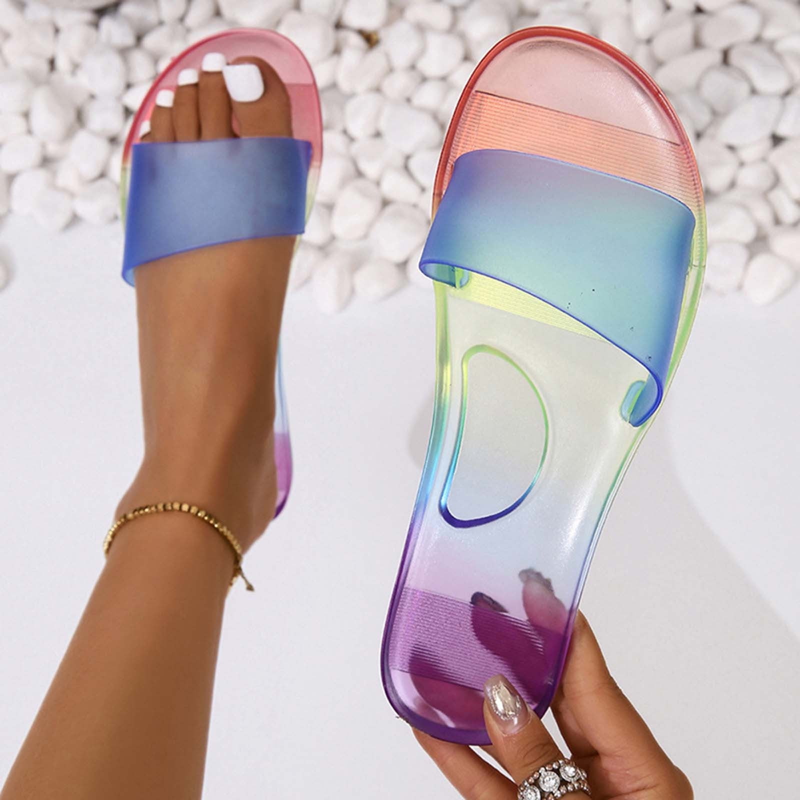 Sandals Women New Summer One-Line Flat Clear Jelly Candy Beach Slippers ...