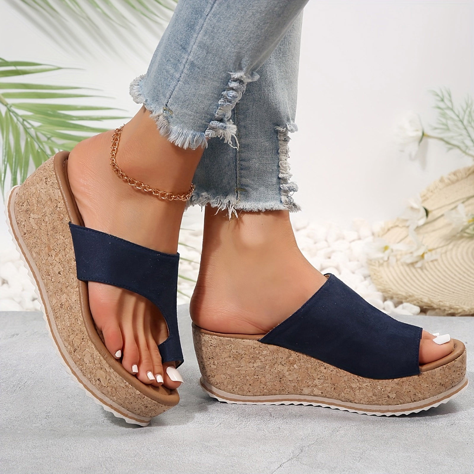 Sandals Women Summer One-Line Platform Toe Wedge Muffin Leopard-Print ...