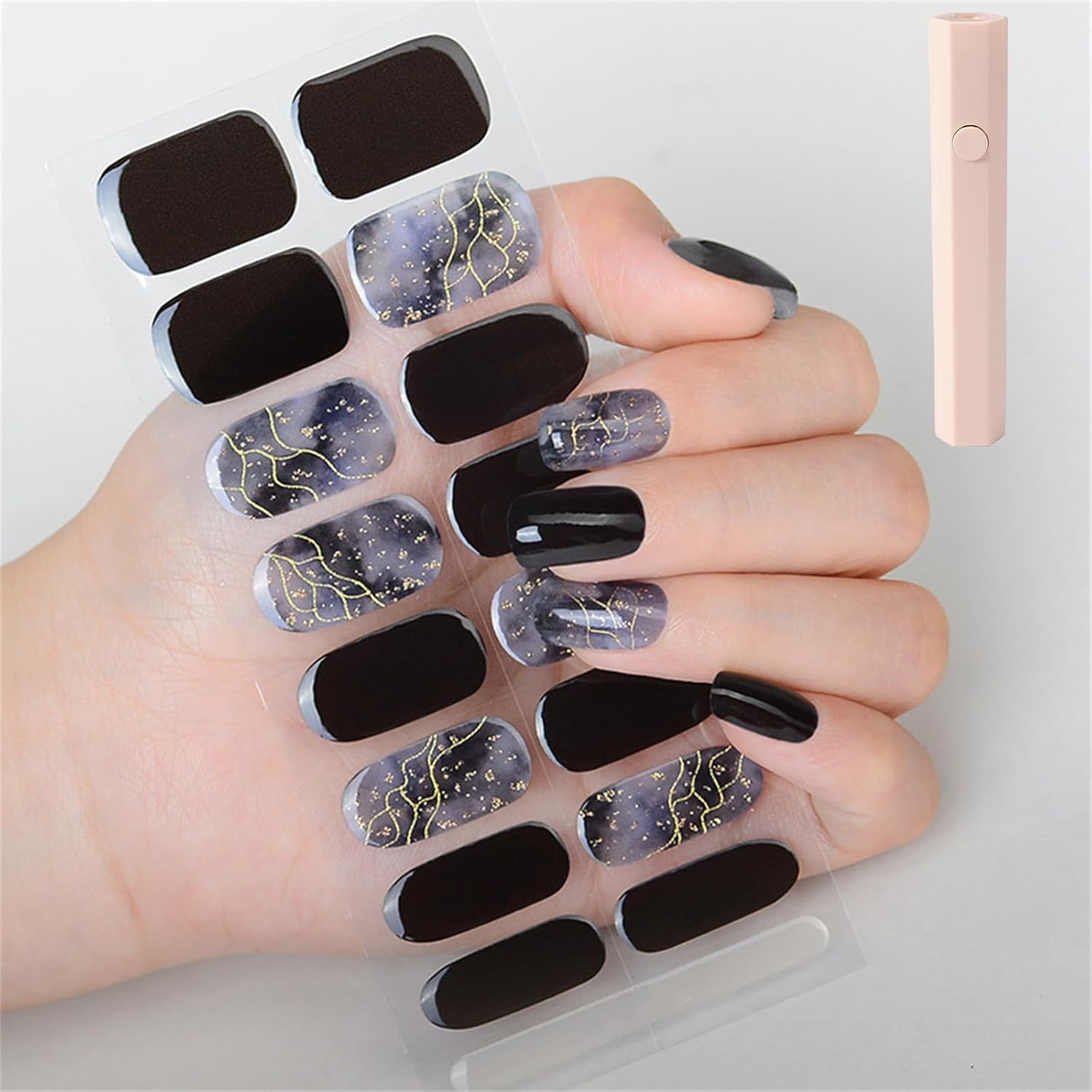 Quinnas Gel Nail Stickers with Uv Light Kit, Semi Cured Gel Nail Strips ...
