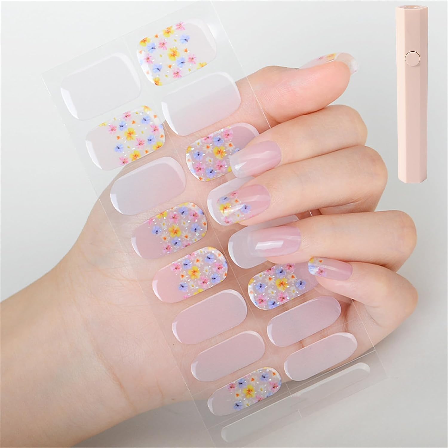 Quinnas Gel Nail Stickers with Uv Light Kit, Semi Cured Gel Nail Strips ...
