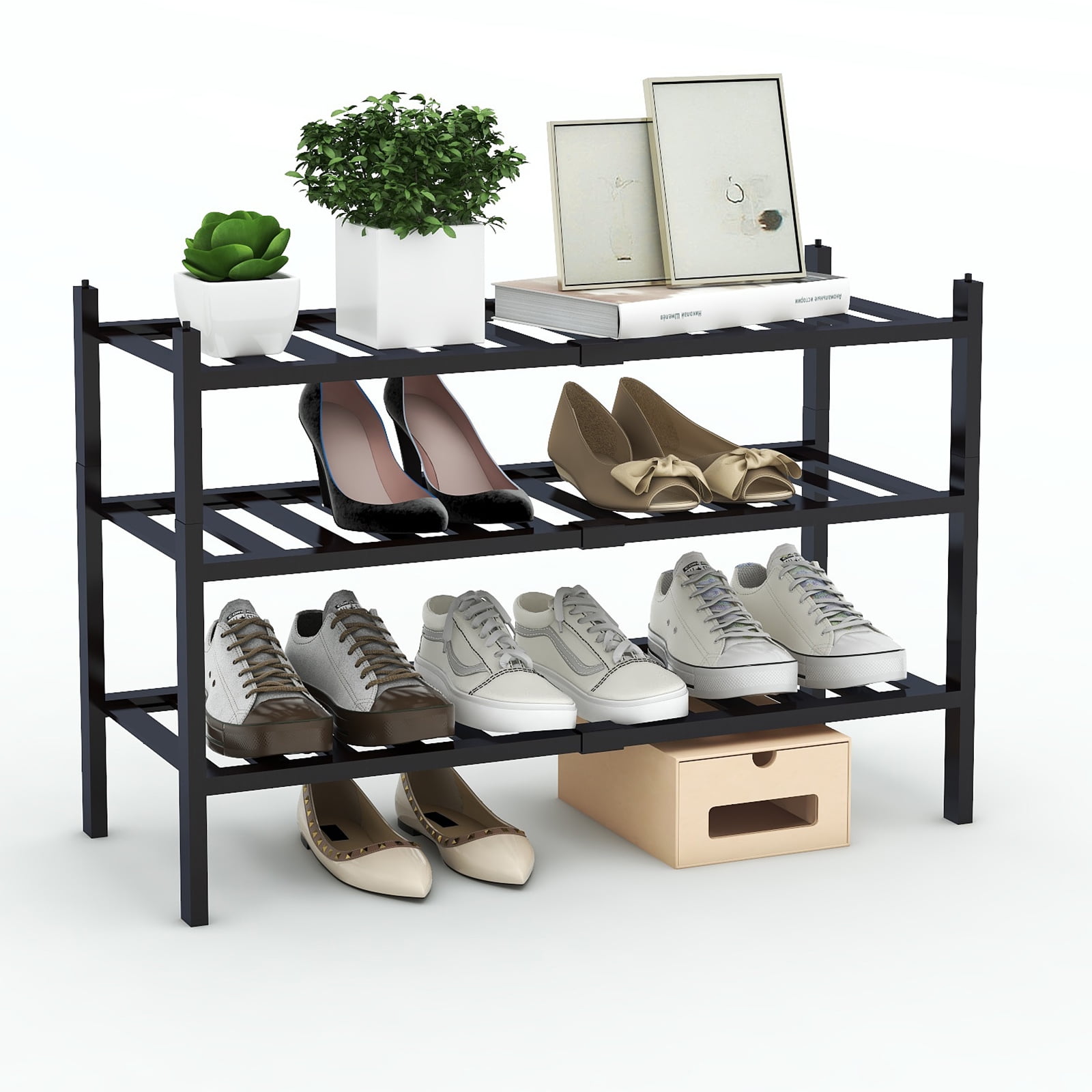 "quiqear Bamboo Shoe Rack, Stackable 3-Tier Shoe Stand for Closet ...