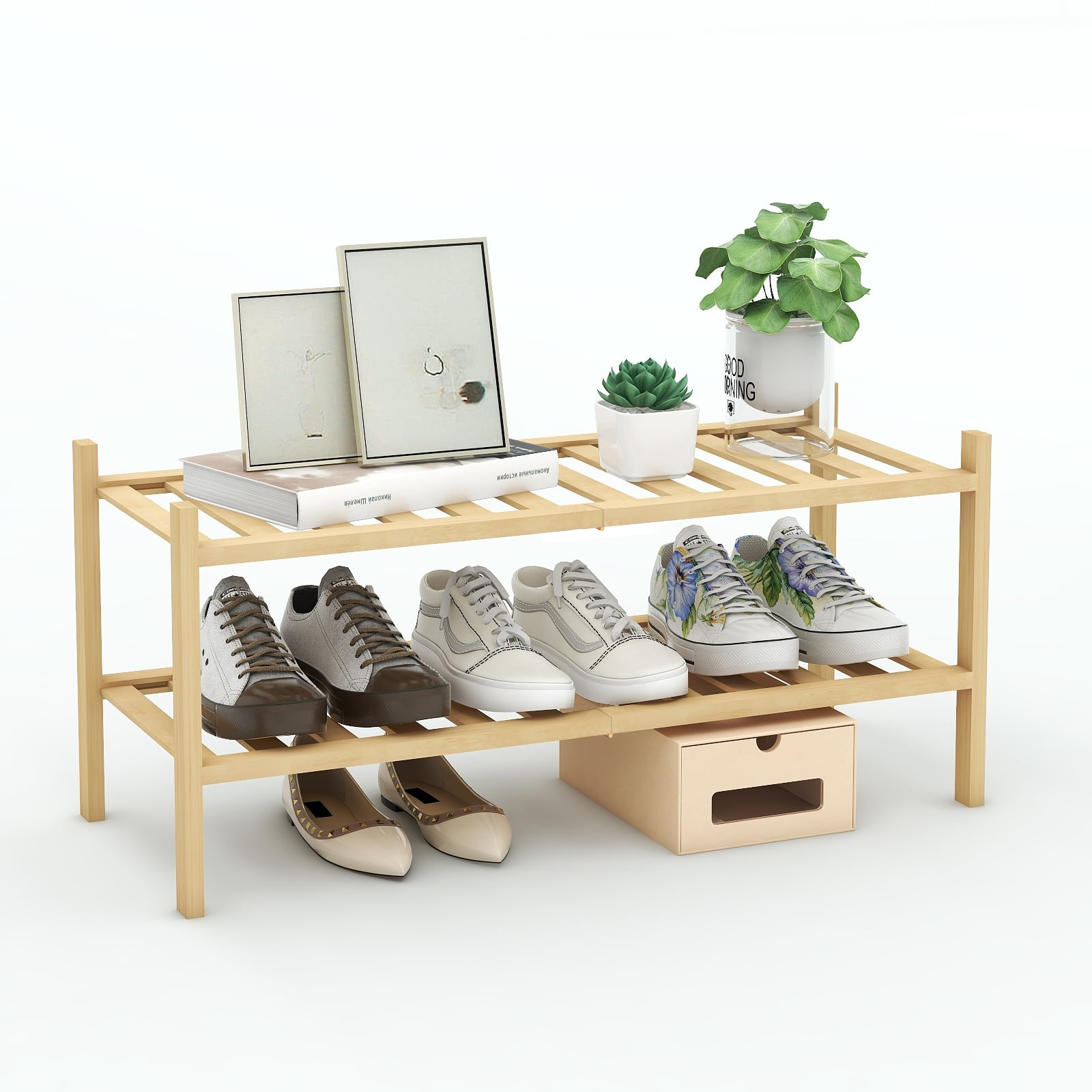 Natural Bamboo 2-Tier Shoe Rack Shoe Tower Shelf Storage Organizer ...
