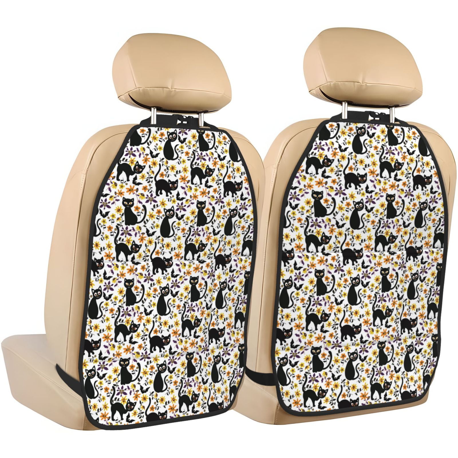 Quirky Cartoon Cat Black Backseat Car Organizer, 2 Pack Kick Mats Back ...