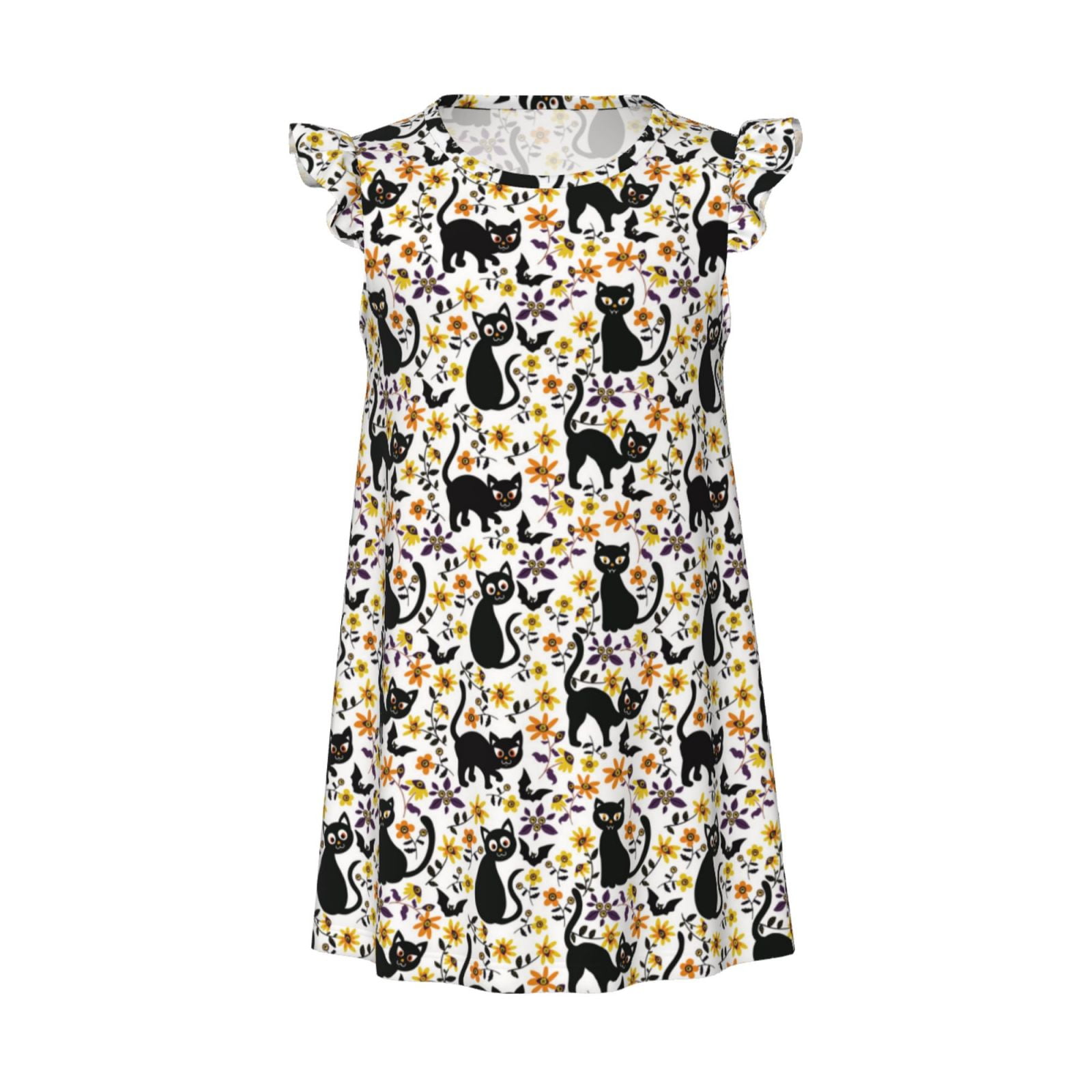 Quirky Cartoon Cat Black Girls Nightgown, Flutter Short Sleeves Night ...