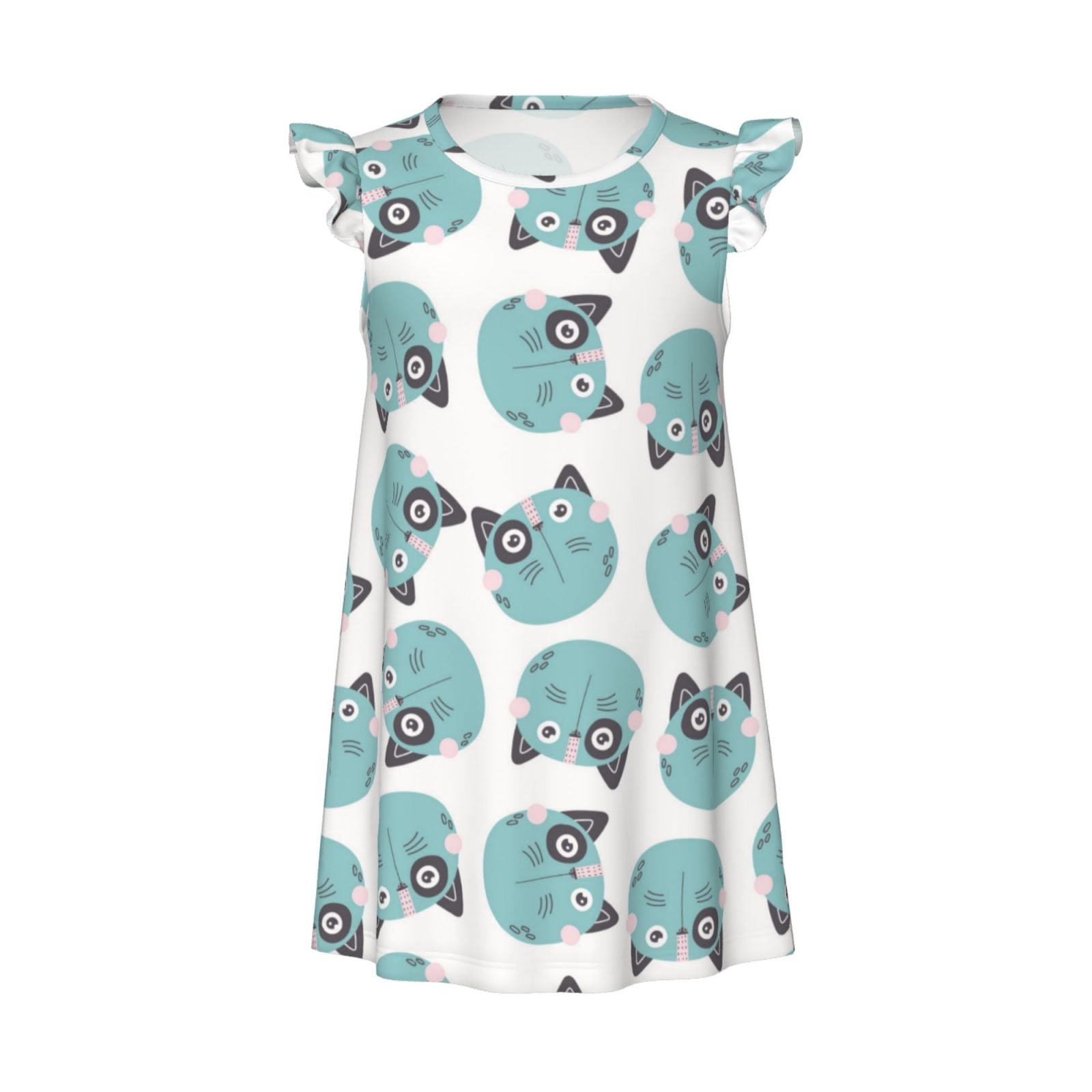 Quirky Cartoon Cat Face Girls Nightgowns, Short Sleeves Dress Girls ...