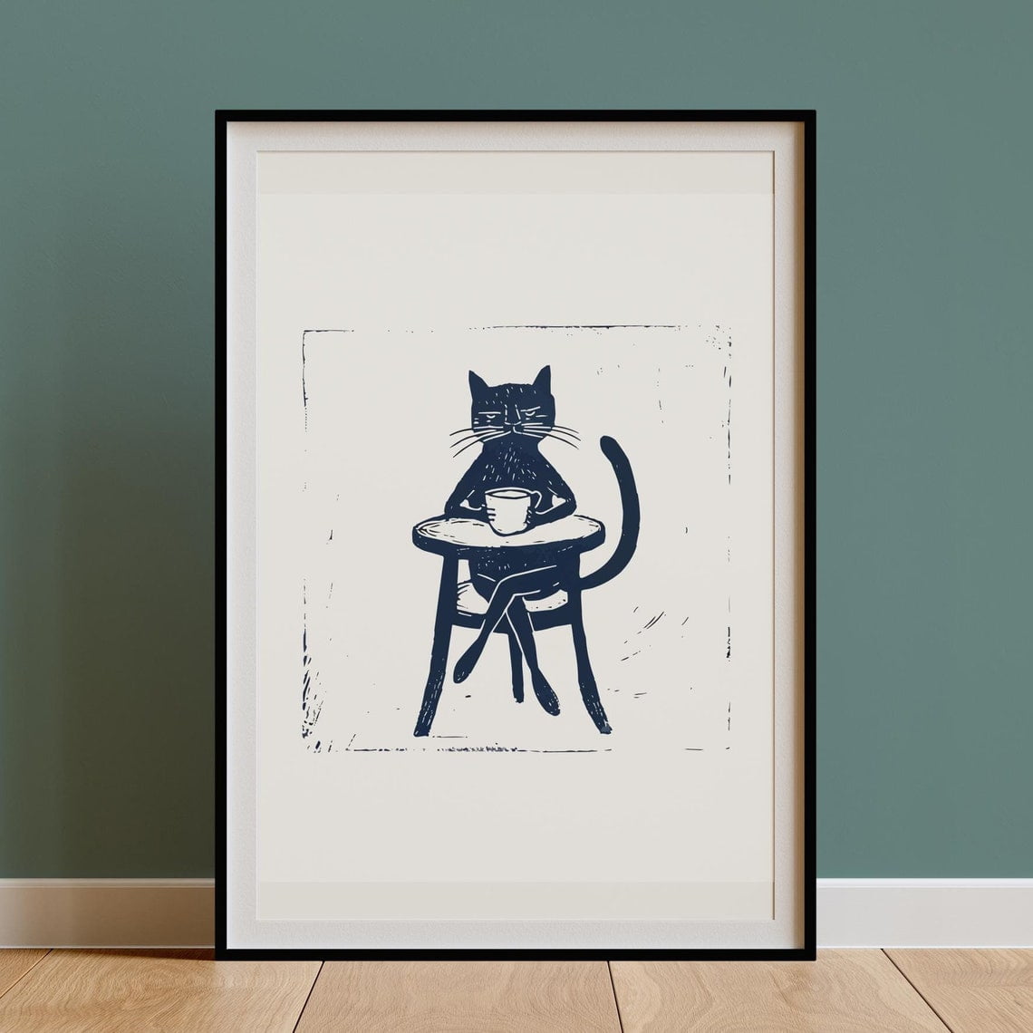 Quirky Cat Coffee Wall Art Print,Weird Retro Kitchen Cat Teacup Line ...
