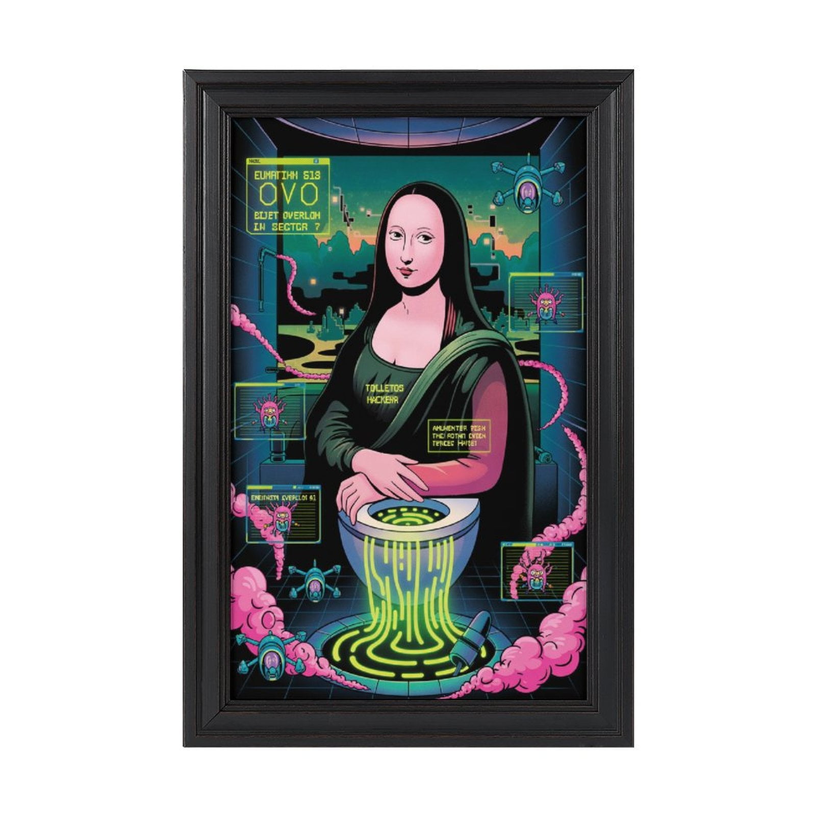 Quirky Cyberpunk Toilet Poster Police Drone Brushes Patrolling Neon ...