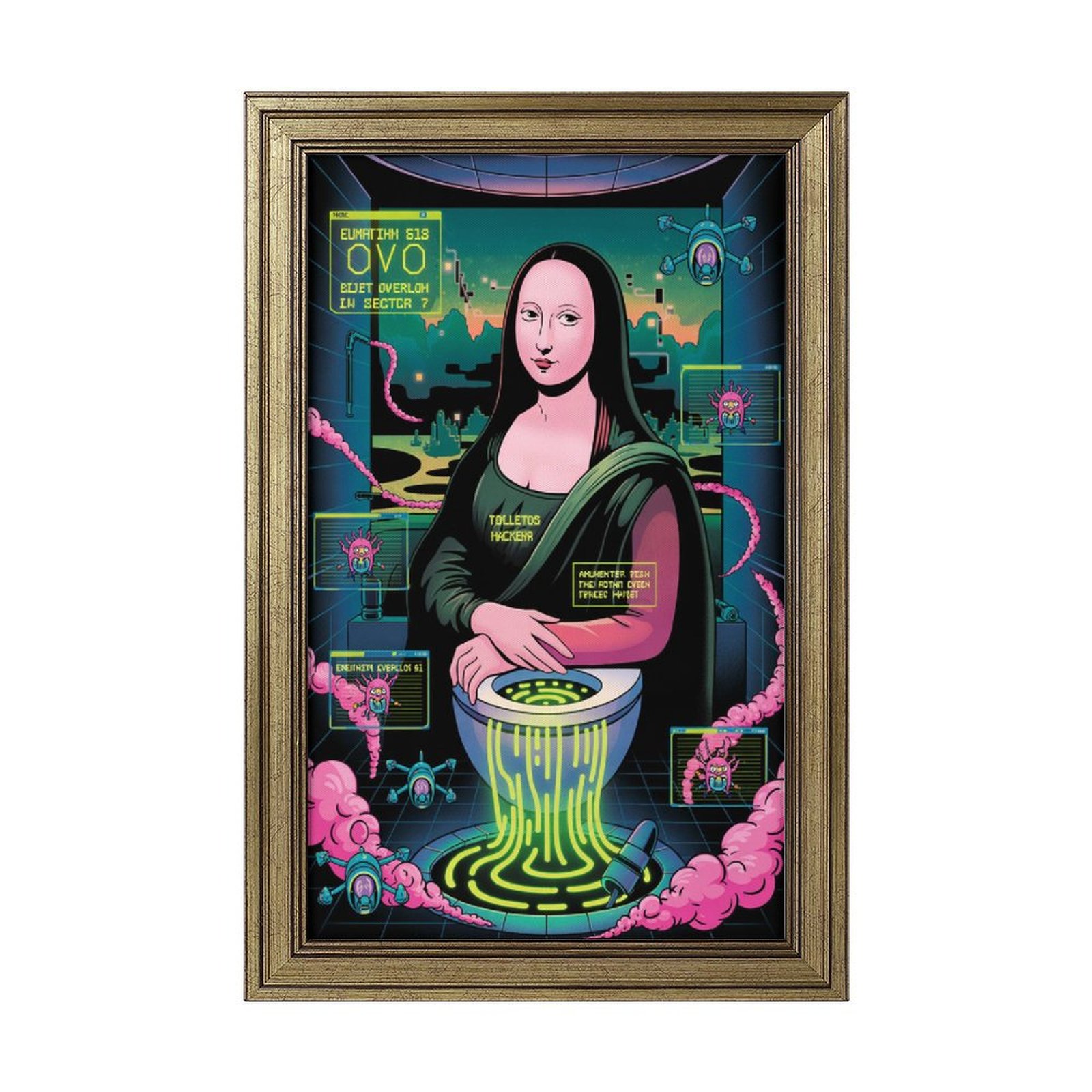 Quirky Cyberpunk Toilet Poster Police Drone Brushes Patrolling Neon ...