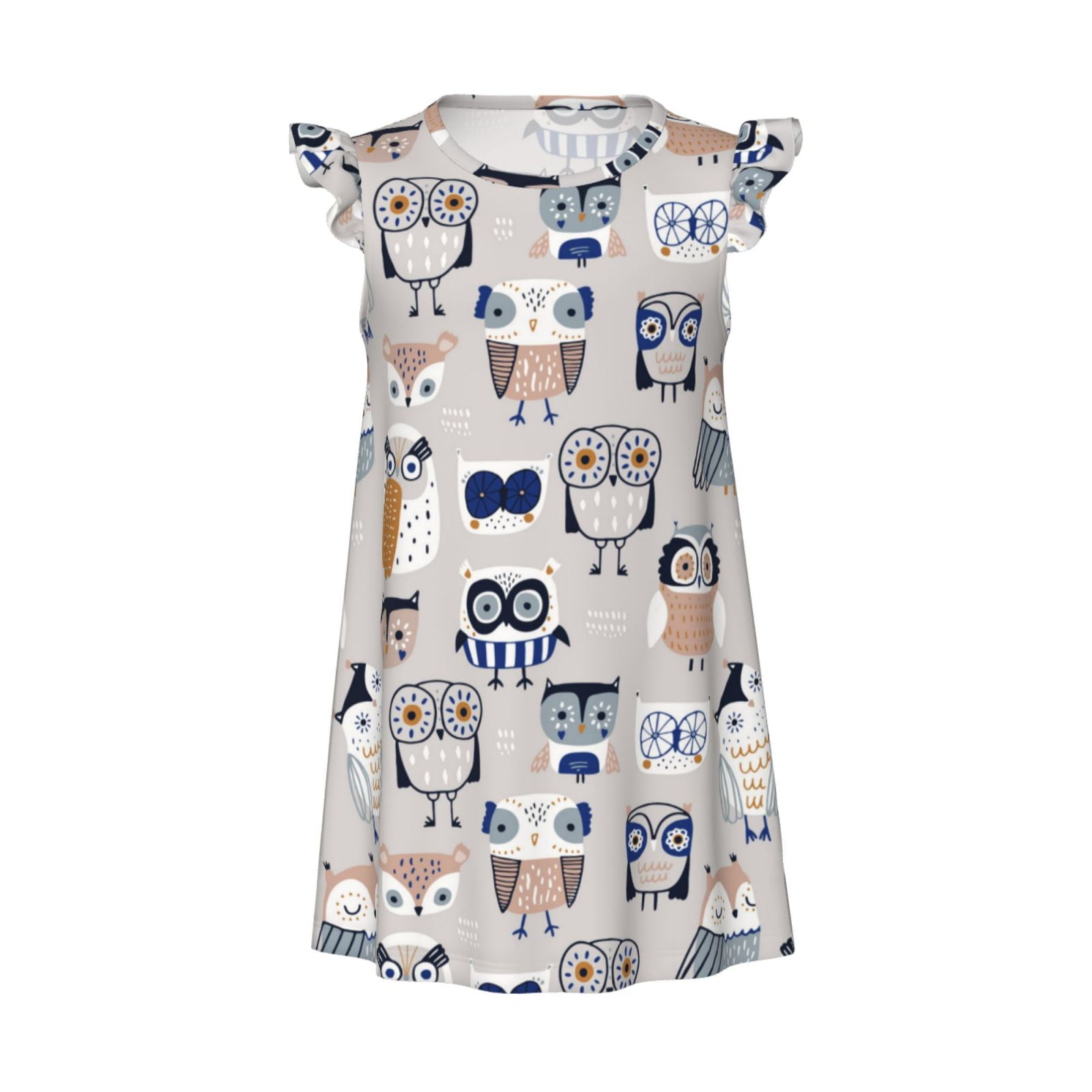 Quirky Doodle Owl Grey Girls Nightgowns, Flutter Sleeve Pajamas ...