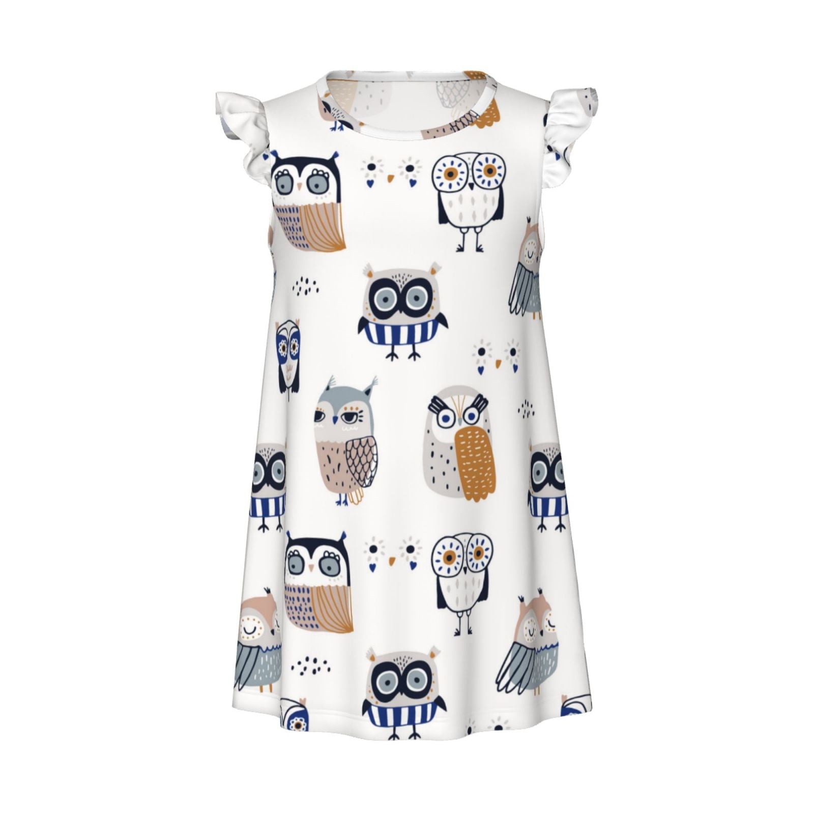 Quirky Doodle Owl White Girls Nightgowns, Flutter Sleeve Pajamas ...