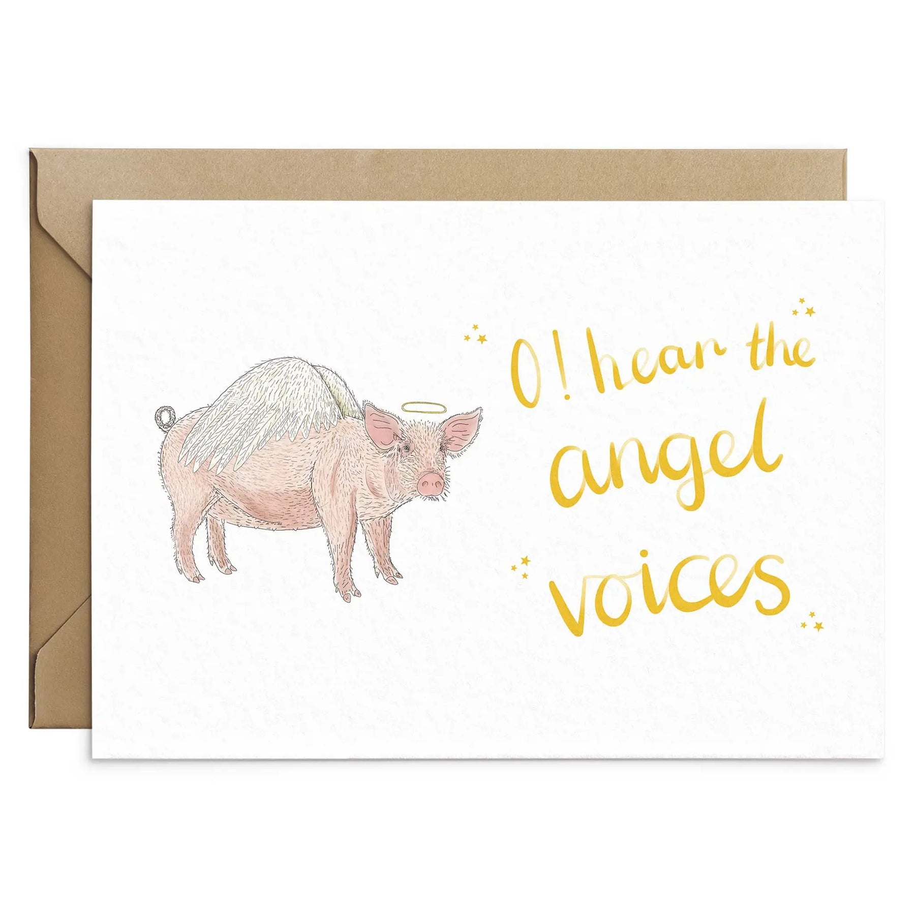 Quirky Greeting Card Featuring Winged Pig – "O! Hear the Angel Voices ...