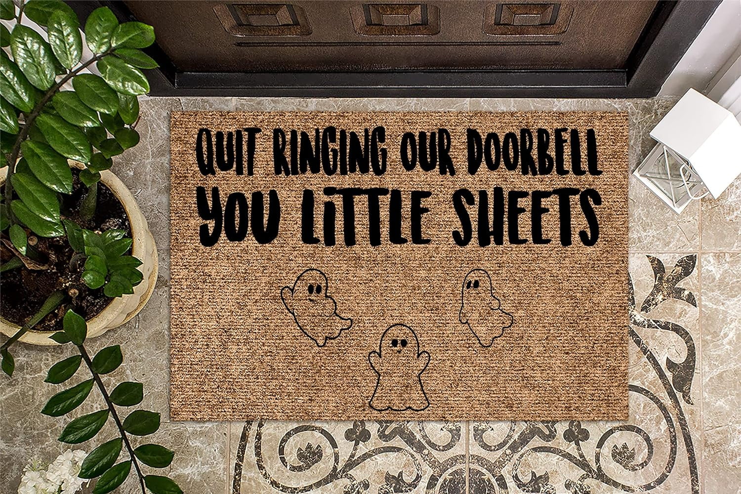 Quit Ringing Our Doorbell You Little Sheets Halloween Door Mat Funny ...