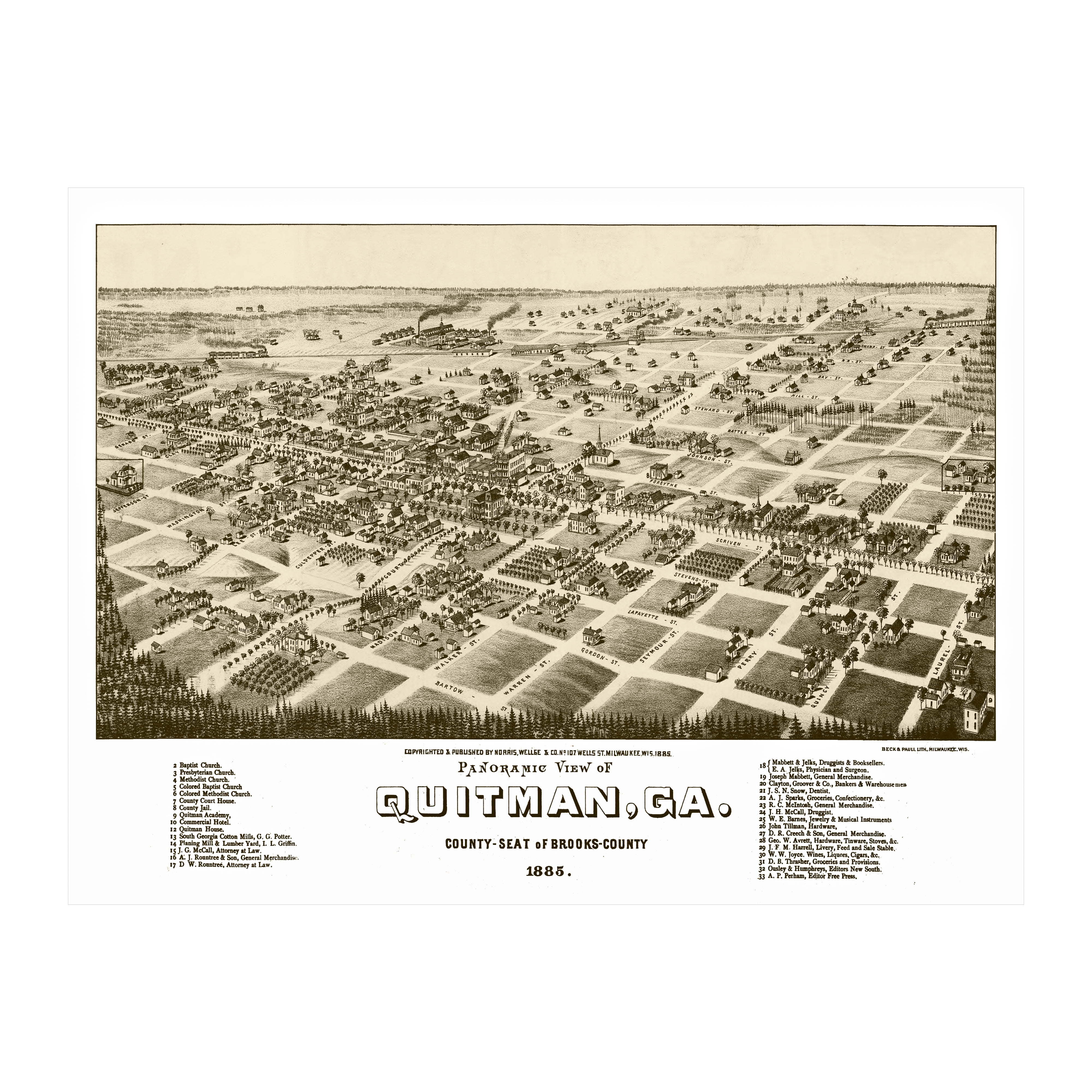 Quitman Art, 1885 Vintage Map of Quitman Georgia, GA History Wall Decor ...