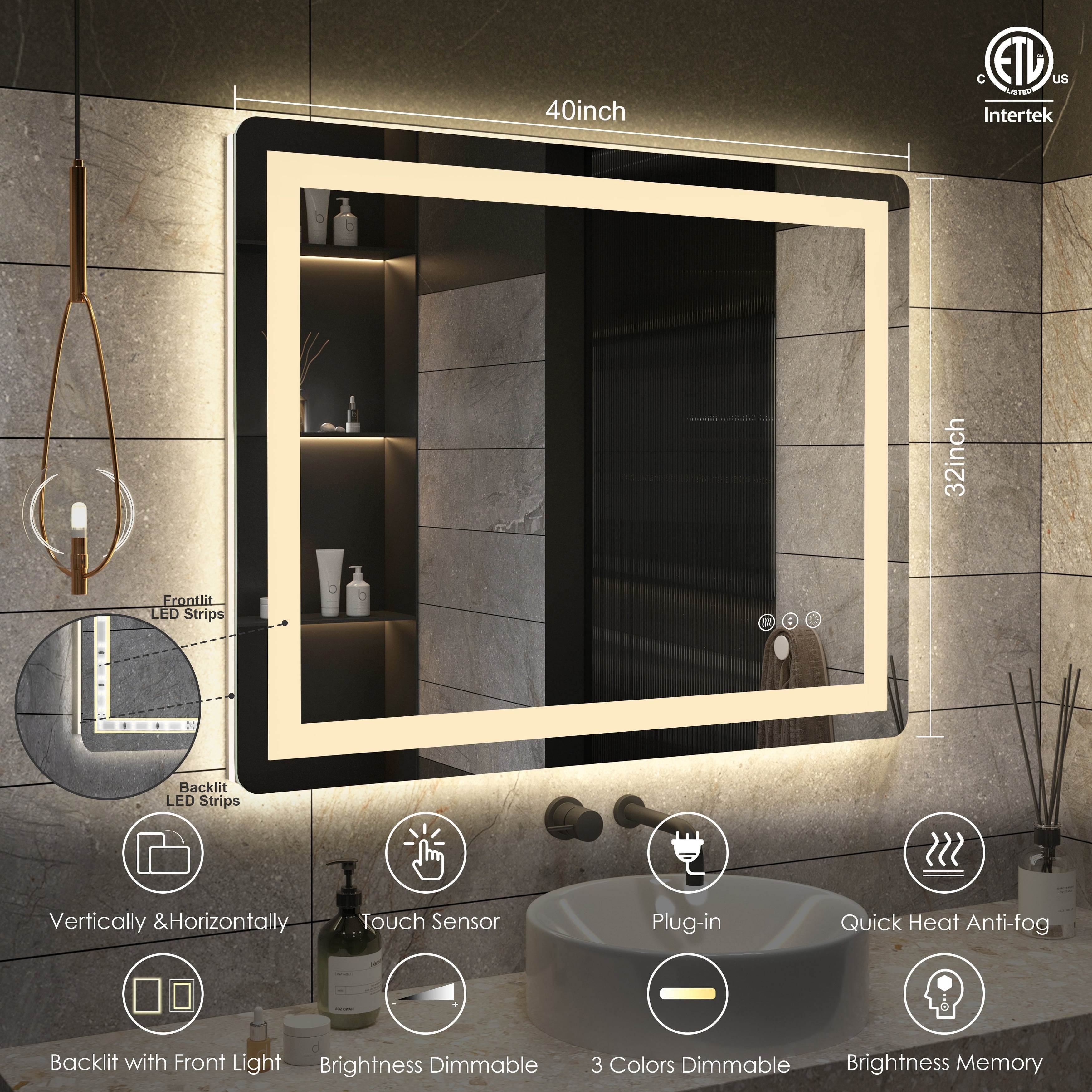 QuivaraView Frameless Front and Back LED lighted Vanity Mirror 40" x 32 ...