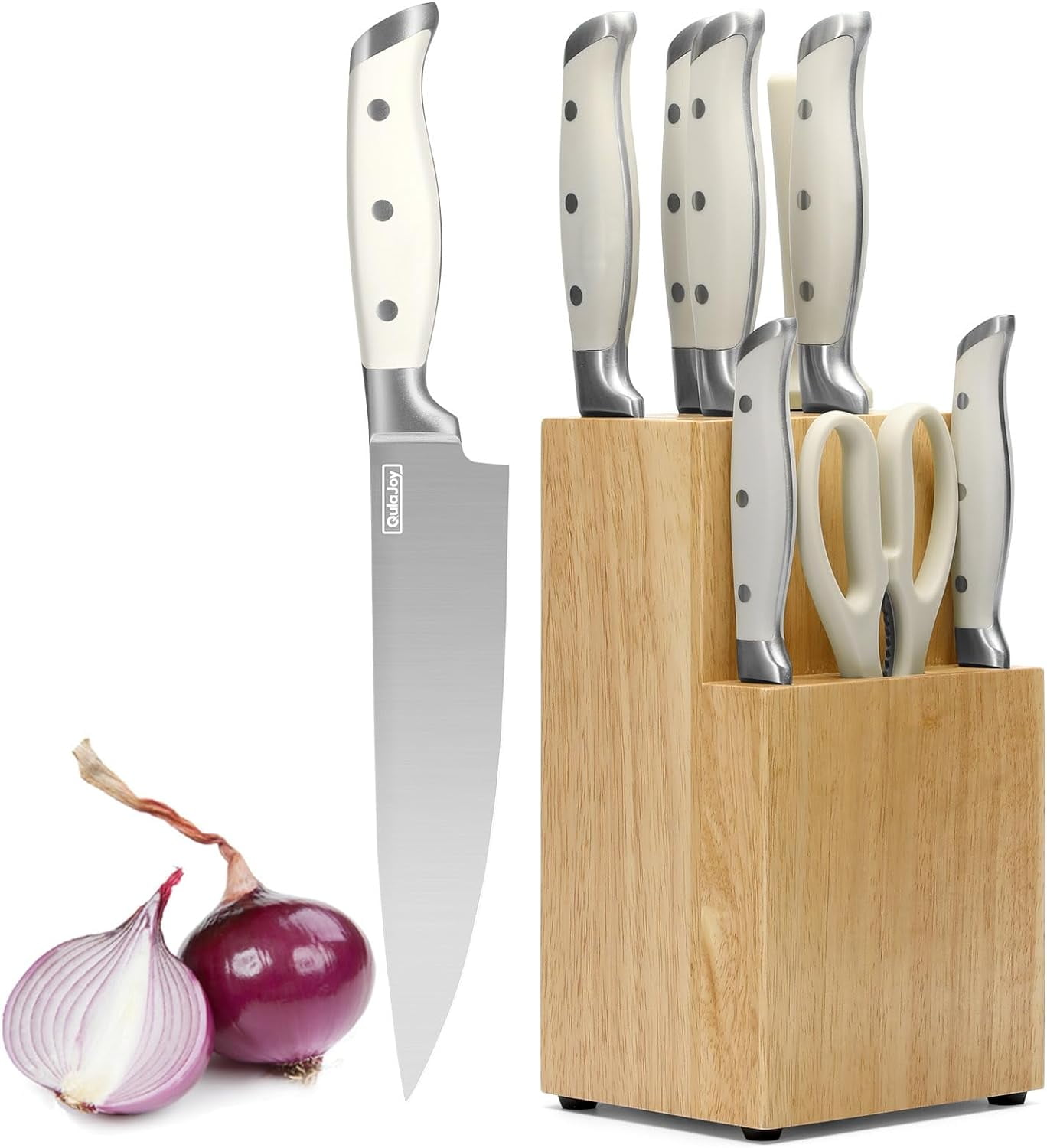 Qulajoy White Knife Set with Block - 9 Piece Razor Sharp Forged High ...