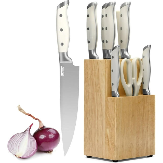 Qulajoy White Knife Set with Block - 9 Piece Razor Sharp Forged High ...