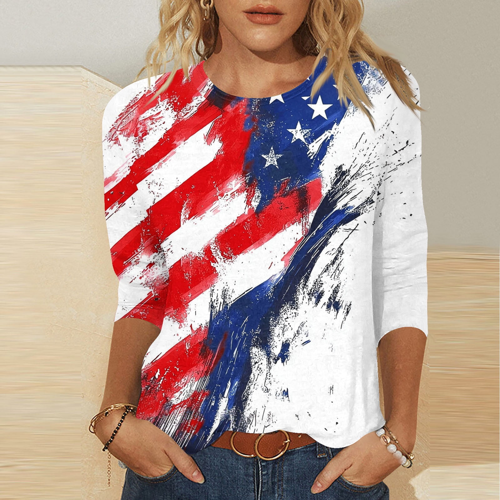 Qulqfy American Eagle Women Tops Forth of July Blue American Flag 3/4 ...