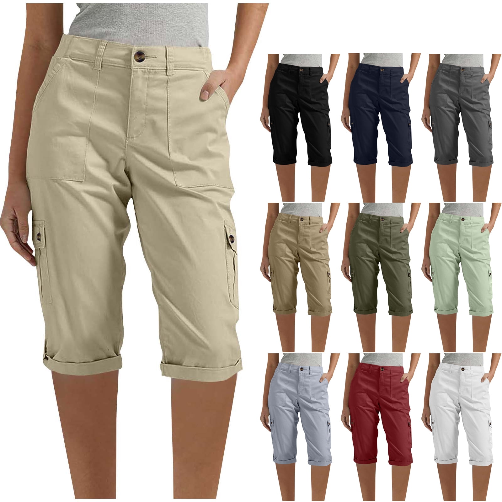 Qulqfy Baggy Women's Pants Beige Cargo Capri High Waisted Petite ...