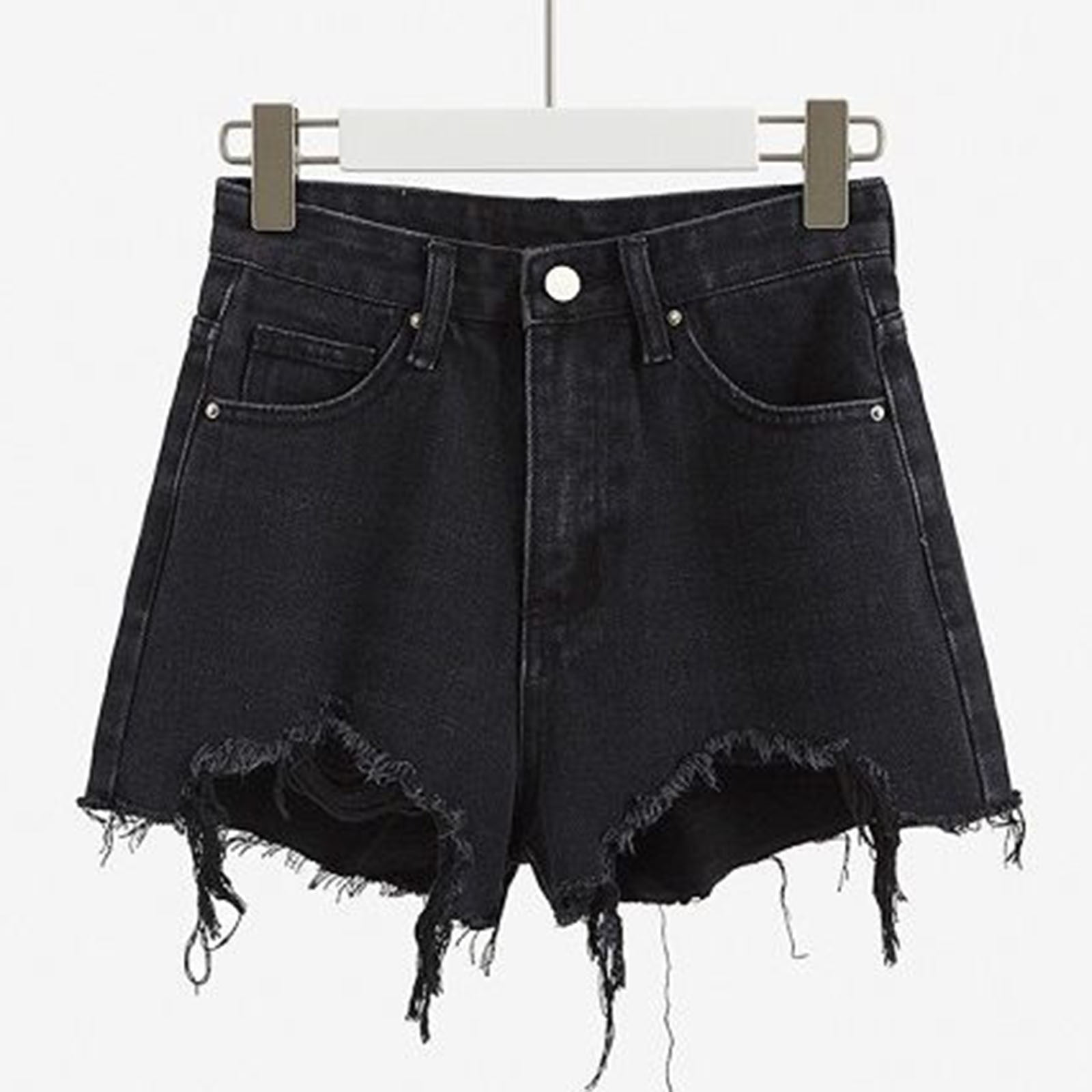Qulqfy Black Women's Denim Ripped Faryed Hem High Waisted Strectch ...