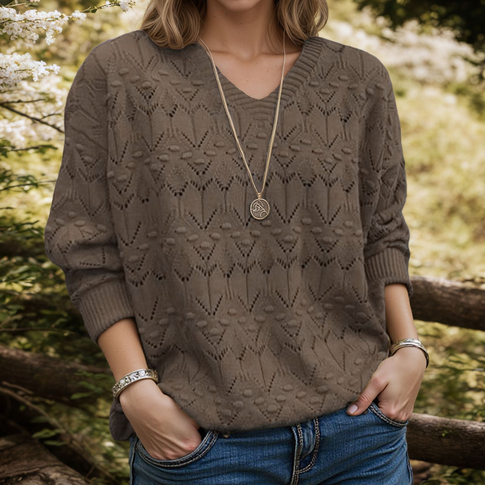 Qulqfy Bronze Women's Cardigan Sweaters Fair Isle V Neck Long Sleeve ...