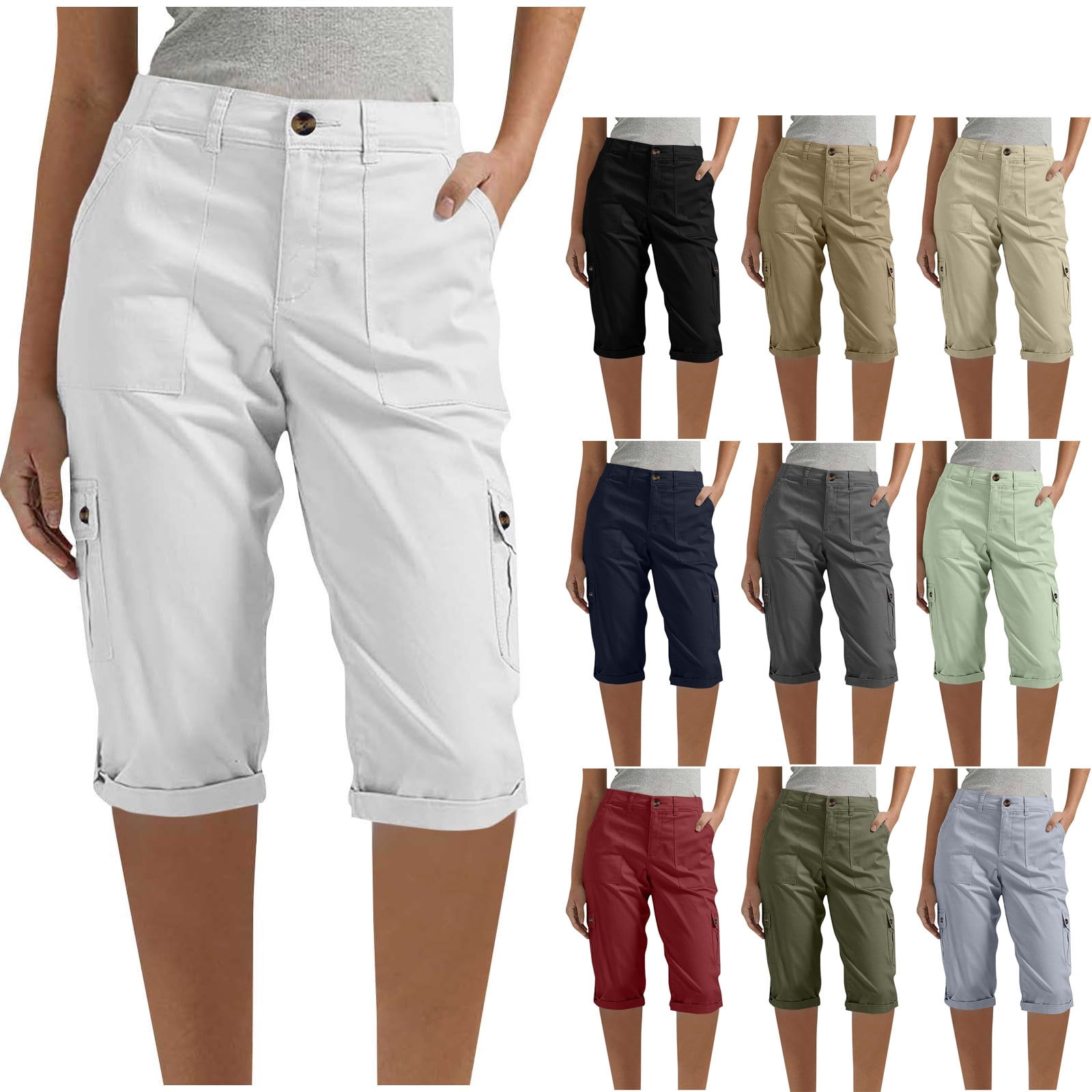 Qulqfy Capri Women's 2025 Cargo Baggy White Solid Color High Waisted ...