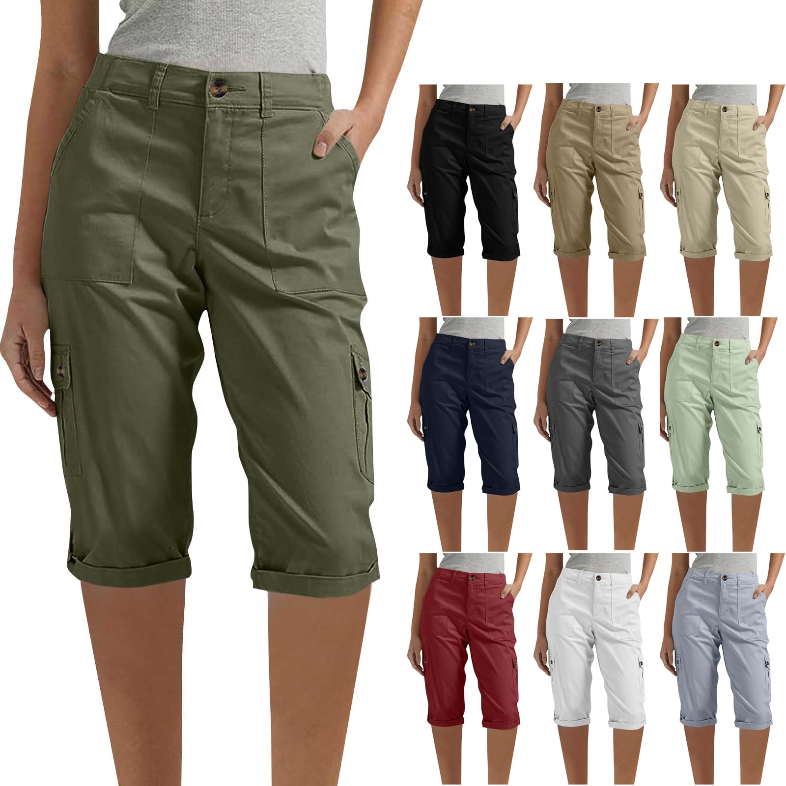 Qulqfy Cargo Capris for Women Casual Chino Hiking Travel Green Loose ...