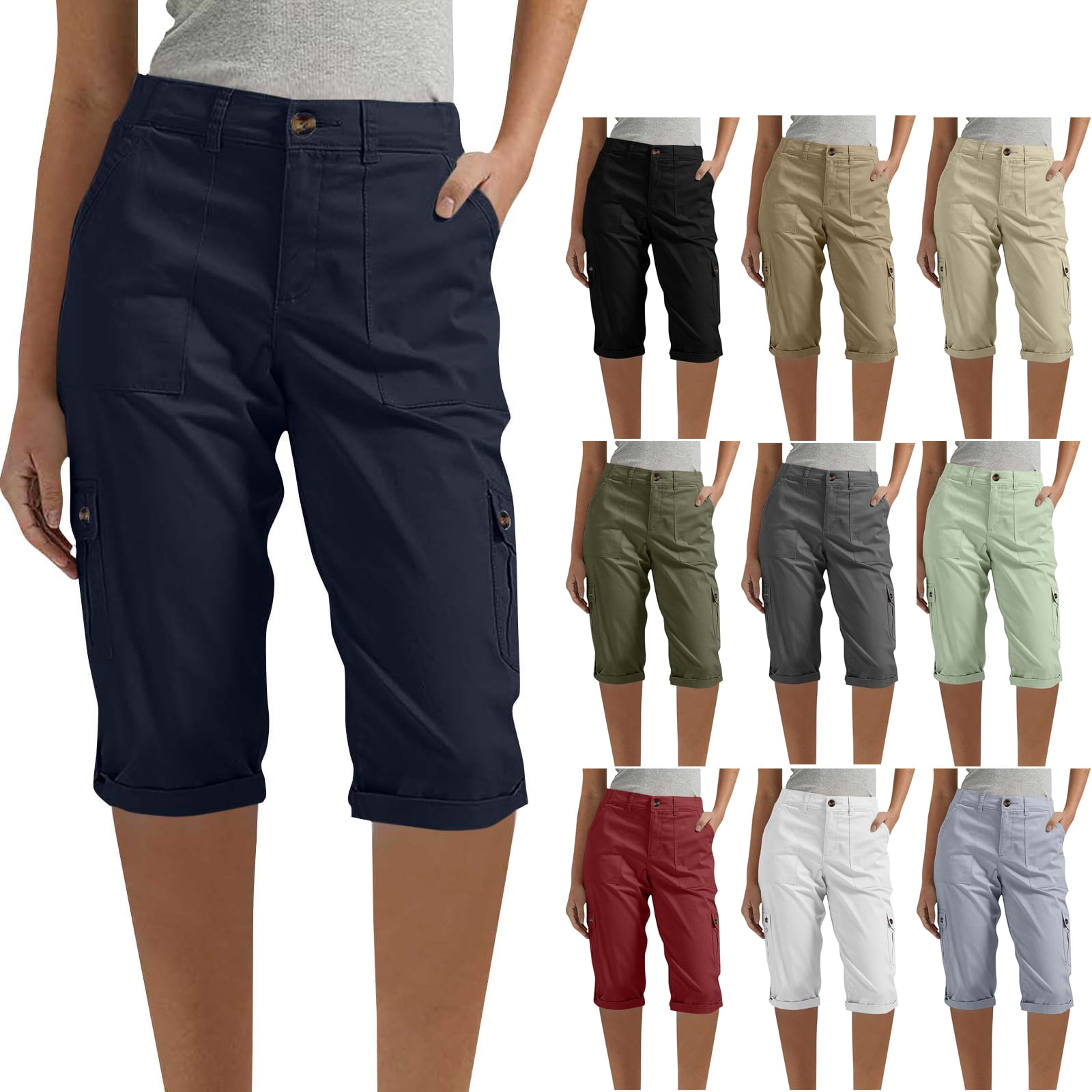 Qulqfy Cargo Capris for Women Chino Casual Loose Fit Hiking Blue Travel ...