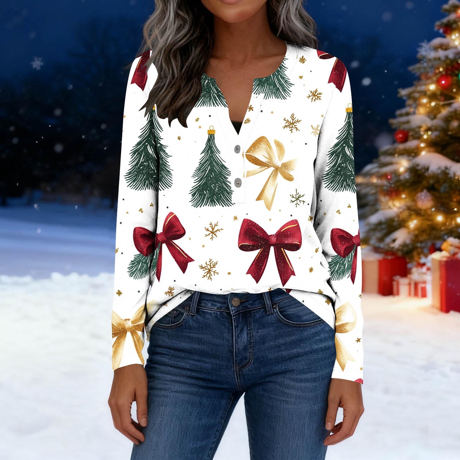 Qulqfy Christmas Blouses for Women Xmas V Neck White Plus Size Long ...