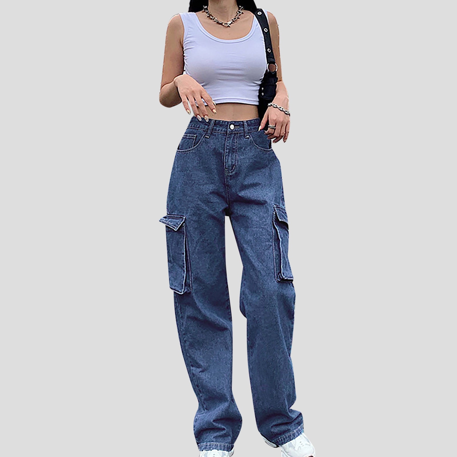 Qulqfy Denim Womens Jeans 2025 Wide Leg Blue Cargo Baggy High Waisted ...