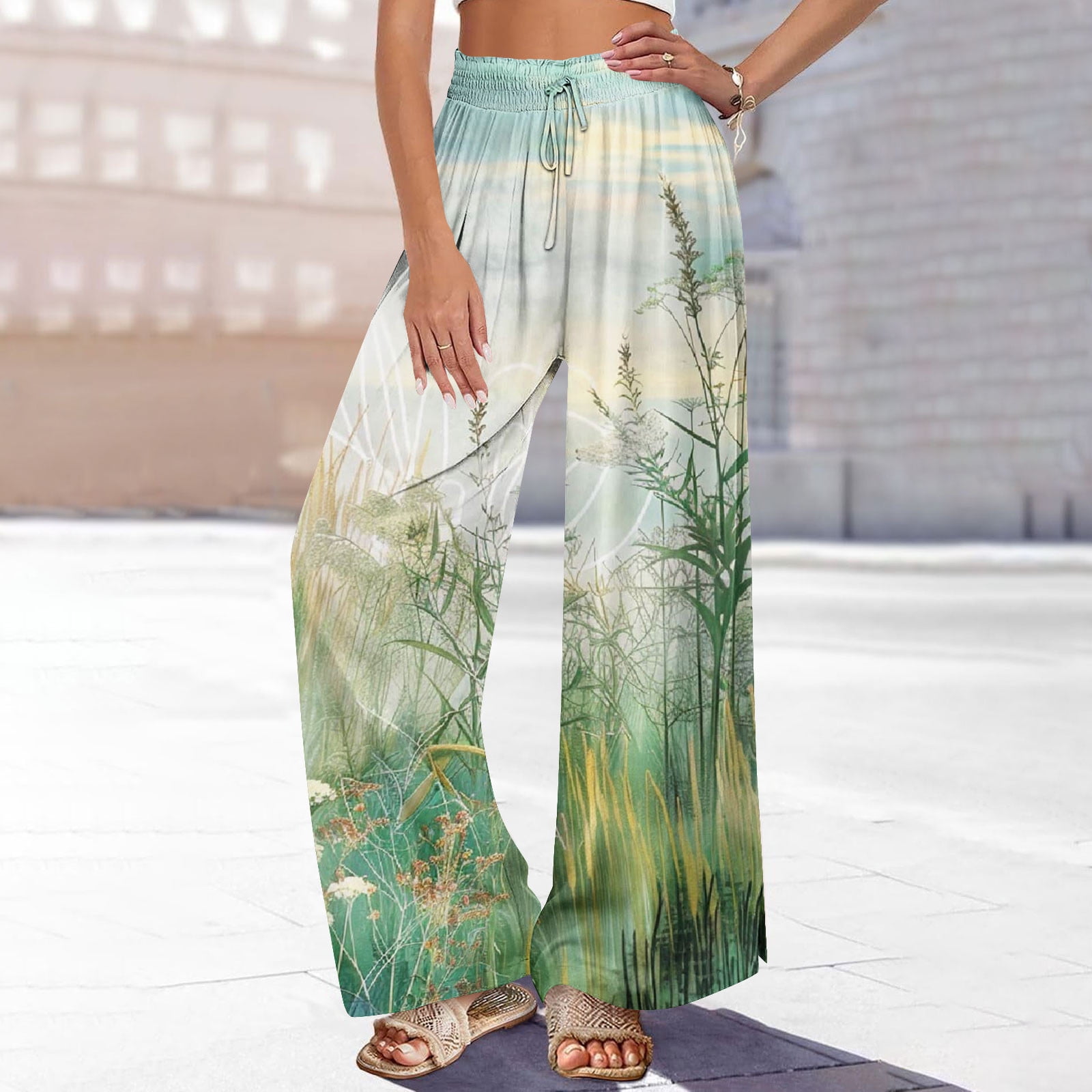 Qulqfy Forest Women pants Wide Leg Palazzo Baggy High Waisted Casual ...