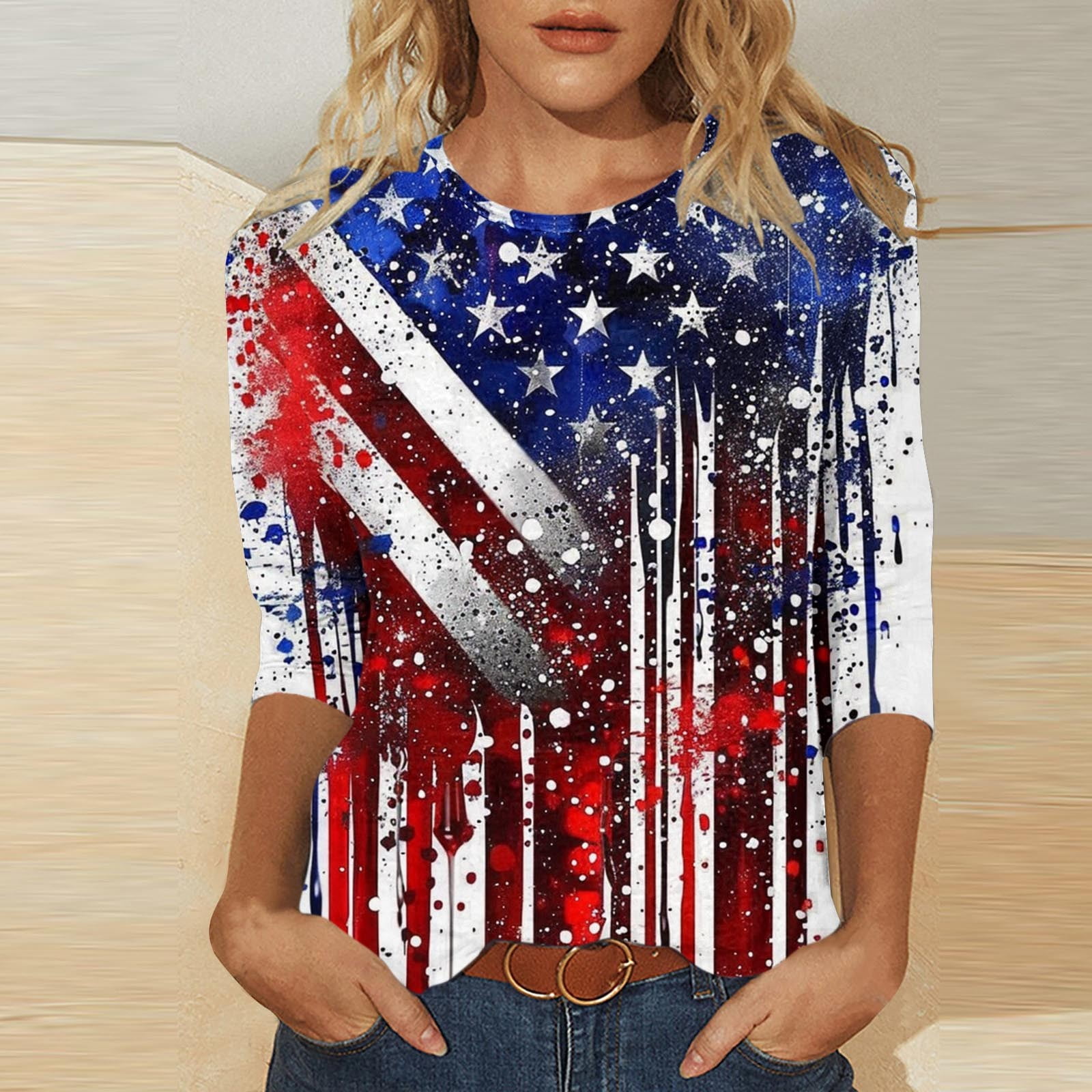Qulqfy Forth of July Womens Tops 3/4 Sleeve National Pride Patriotic ...