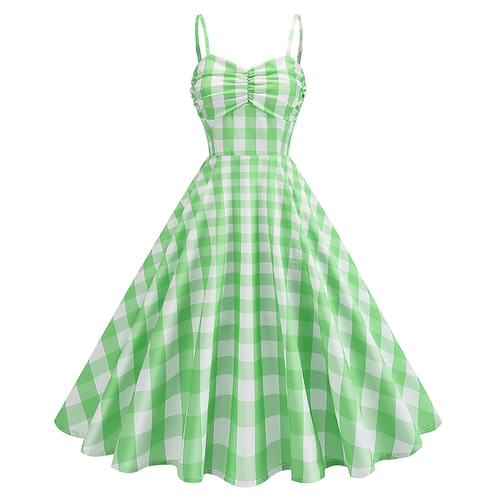 Qulqfy Gingham Dresses for Women Green A-Line Sundress Pleated Plaid ...